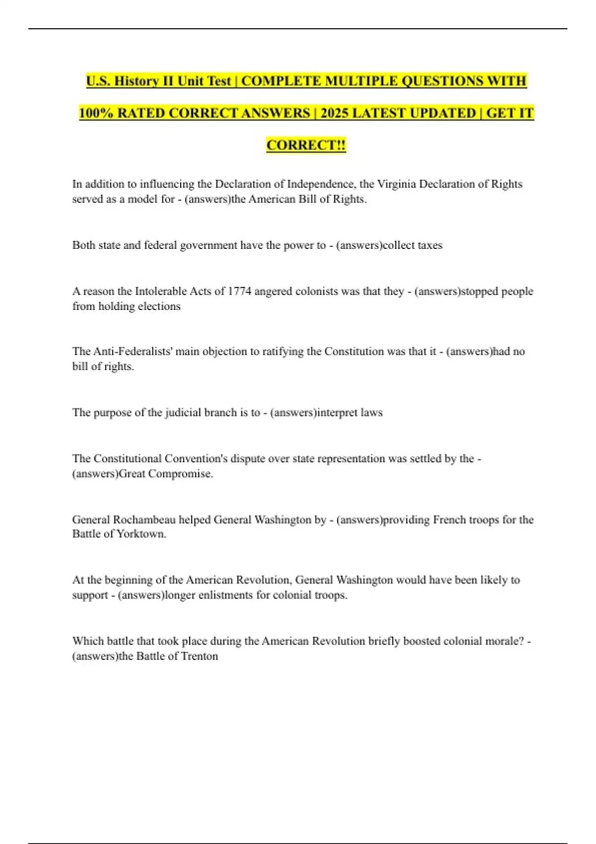 U.S. History II Unit Test | COMPLETE MULTIPLE QUESTIONS WITH 100% RATED ...