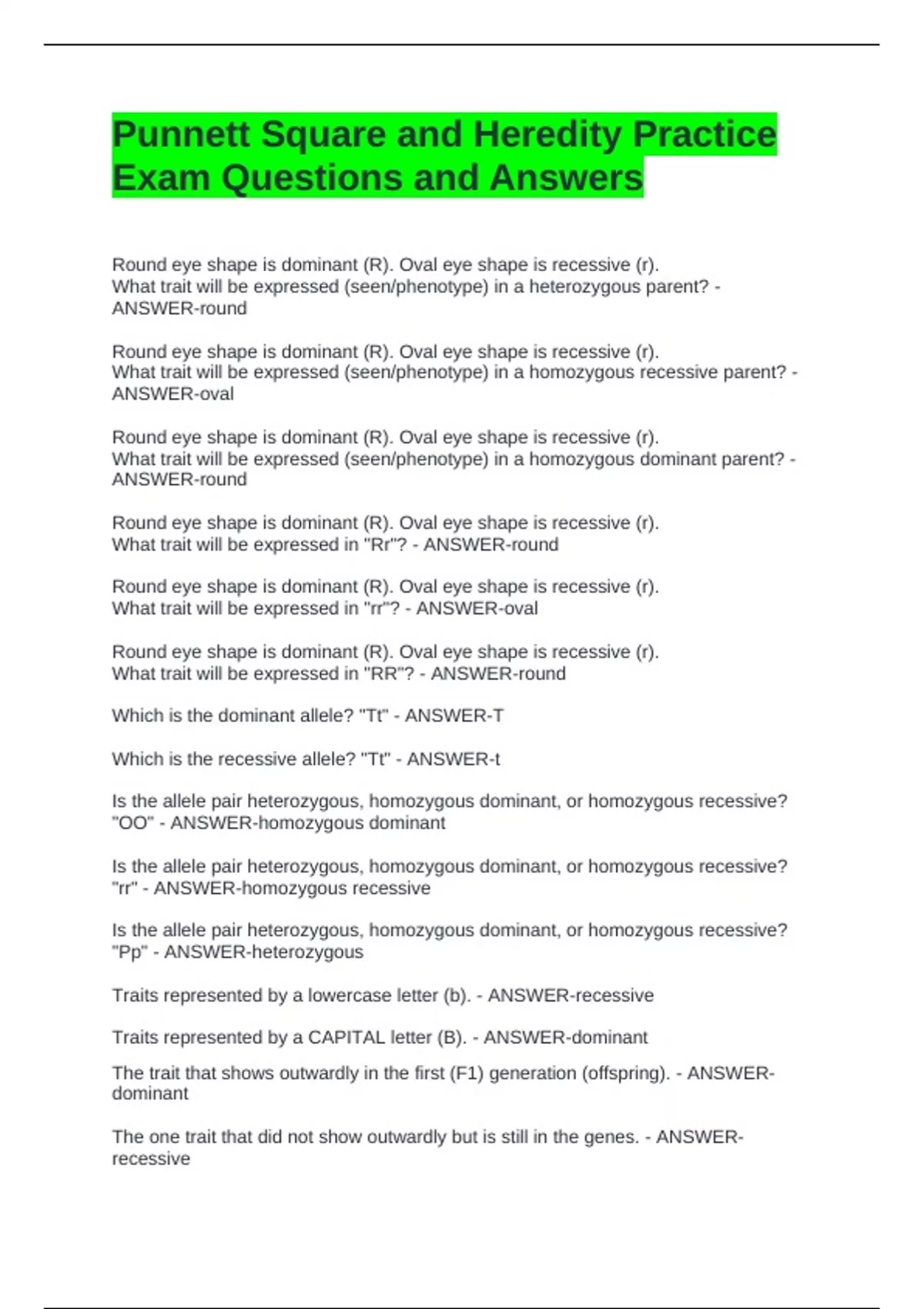 Punnett Square and Heredity Practice Exam Questions and Answers ...