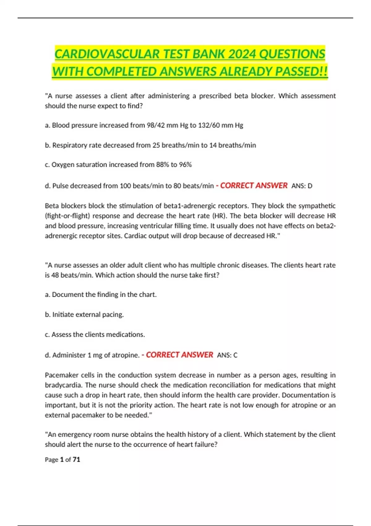 CARDIOVASCULAR TEST BANK 2024 QUESTIONS WITH COMPLETED ANSWERS ALREADY ...