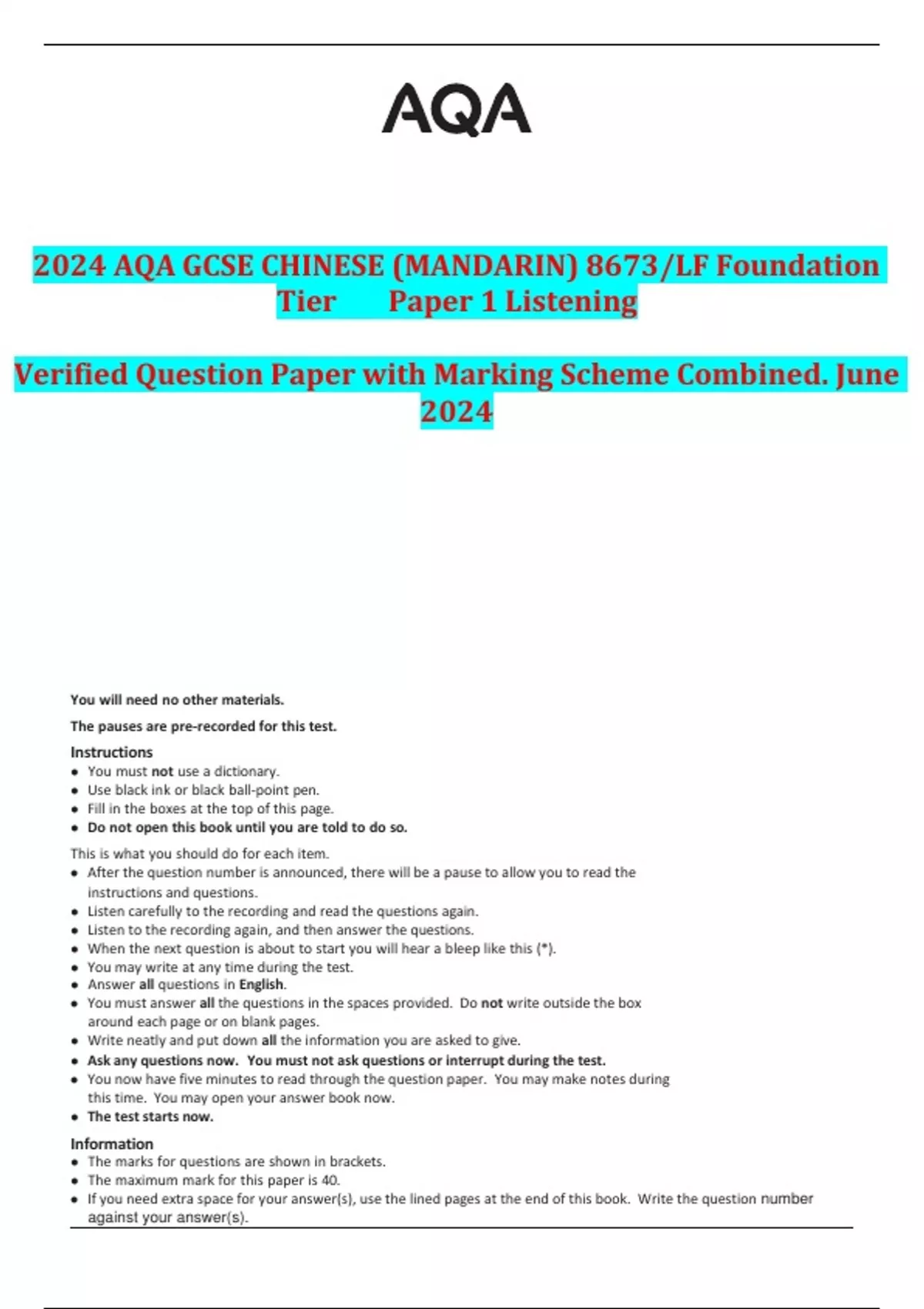 Complete 2024 AQA GCSE CHINESE (MANDARIN) 8673 Exam paper bundle ...