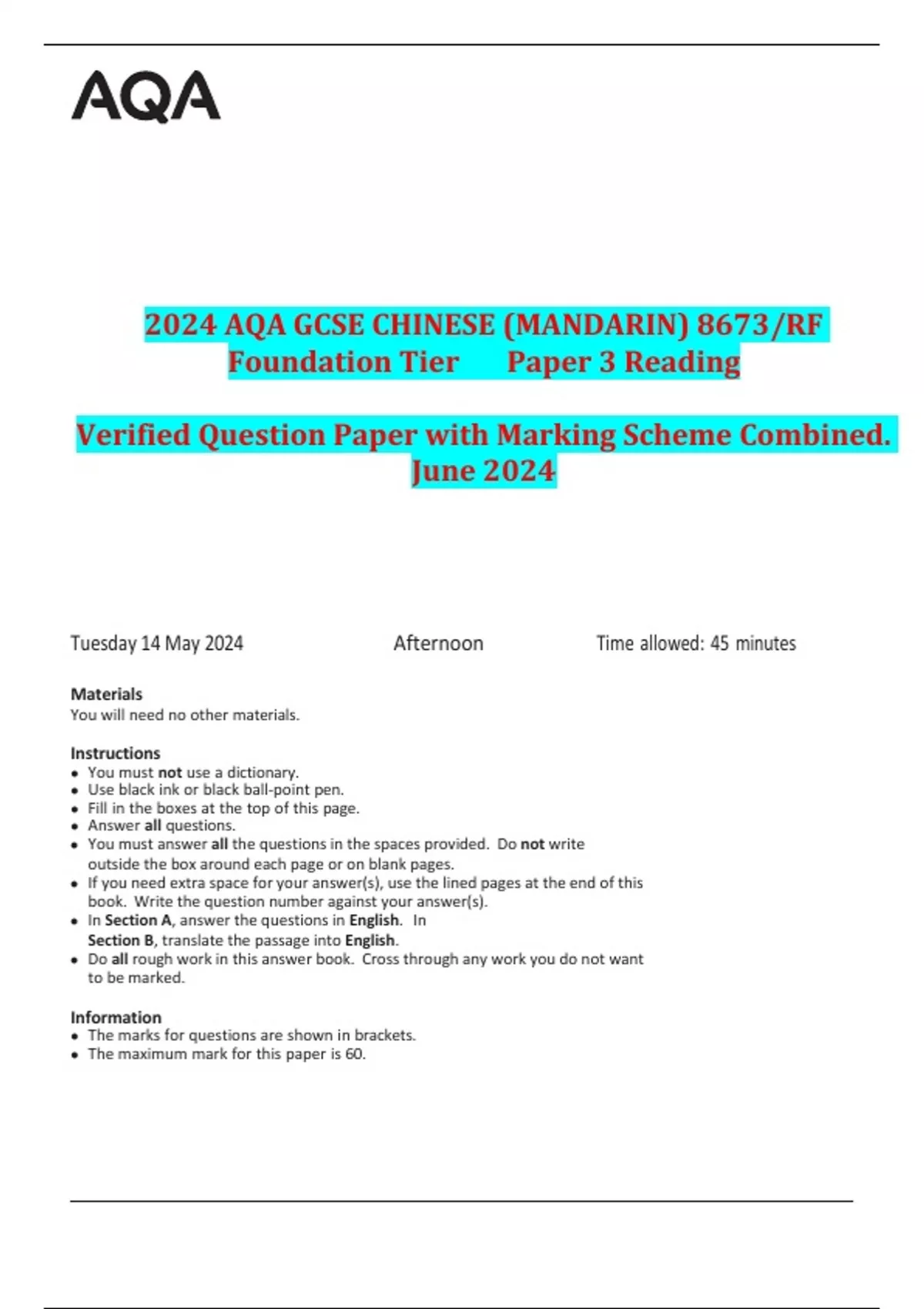 2024 AQA GCSE CHINESE (MANDARIN) 8673/RF Foundation Tier Paper 3 ...