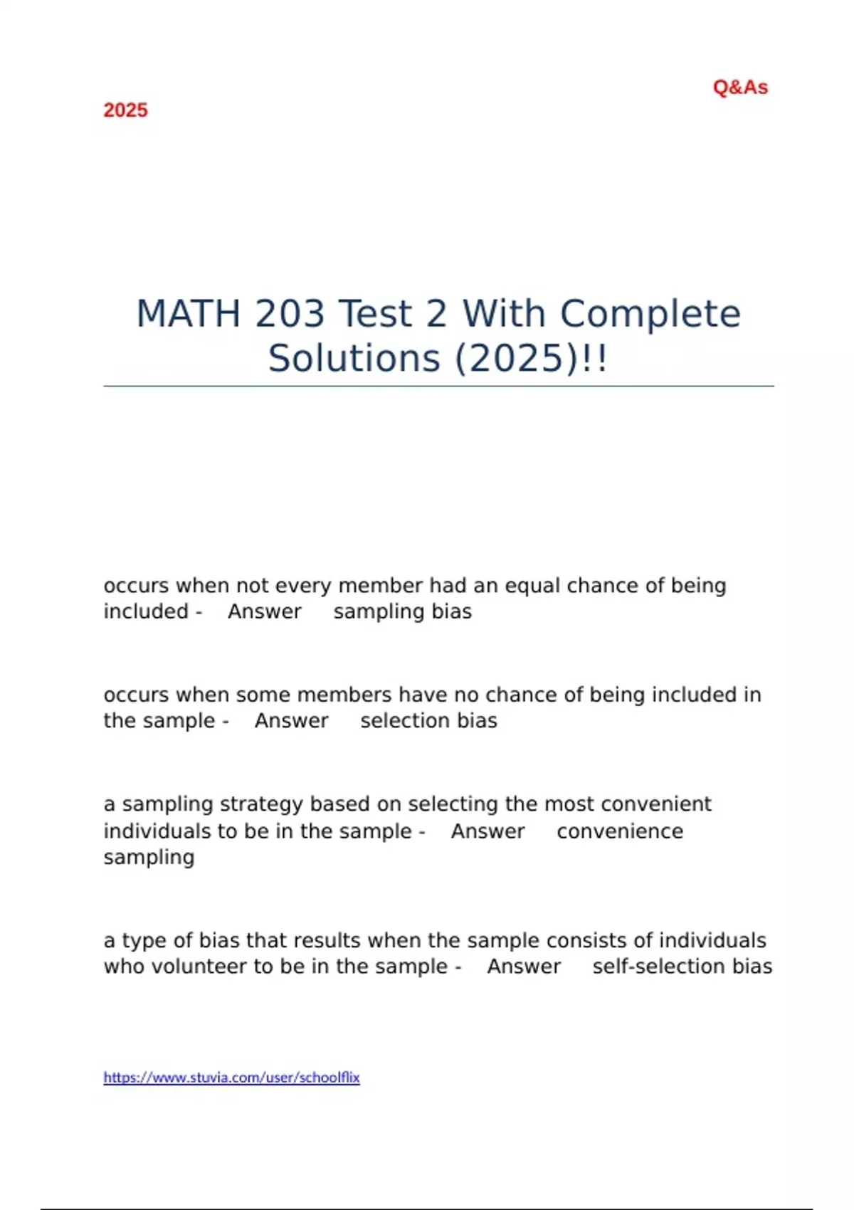 MATH 203 Test 2 With Complete Solutions (2025)!! - Math 203 - Stuvia US