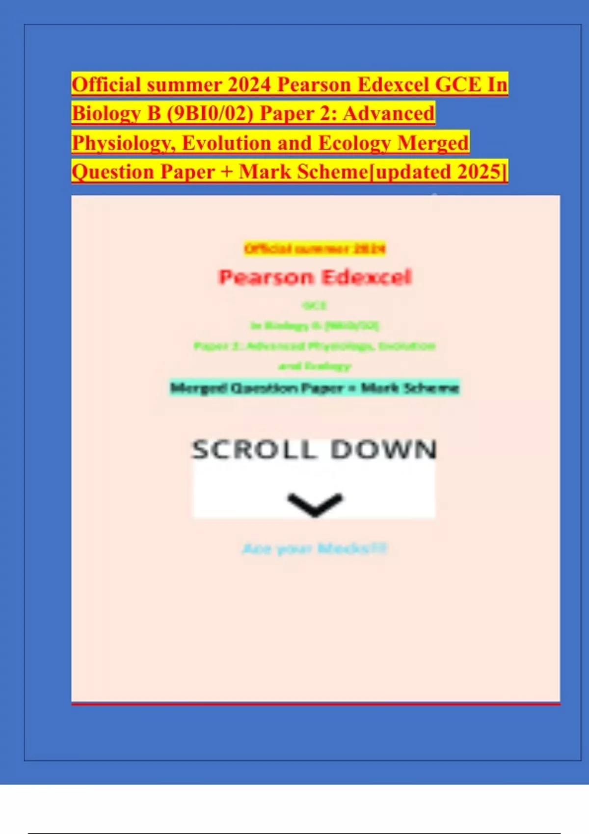 Official summer 2024 Pearson Edexcel GCE In Biology B (9BI0/02) Paper 2 ...