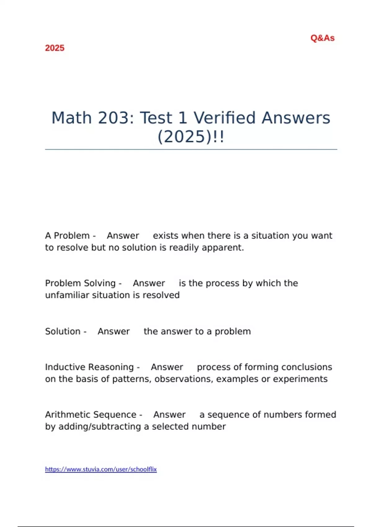 Math 203 Test 1 Verified Answers (2025)!! - Math 203 - Stuvia US