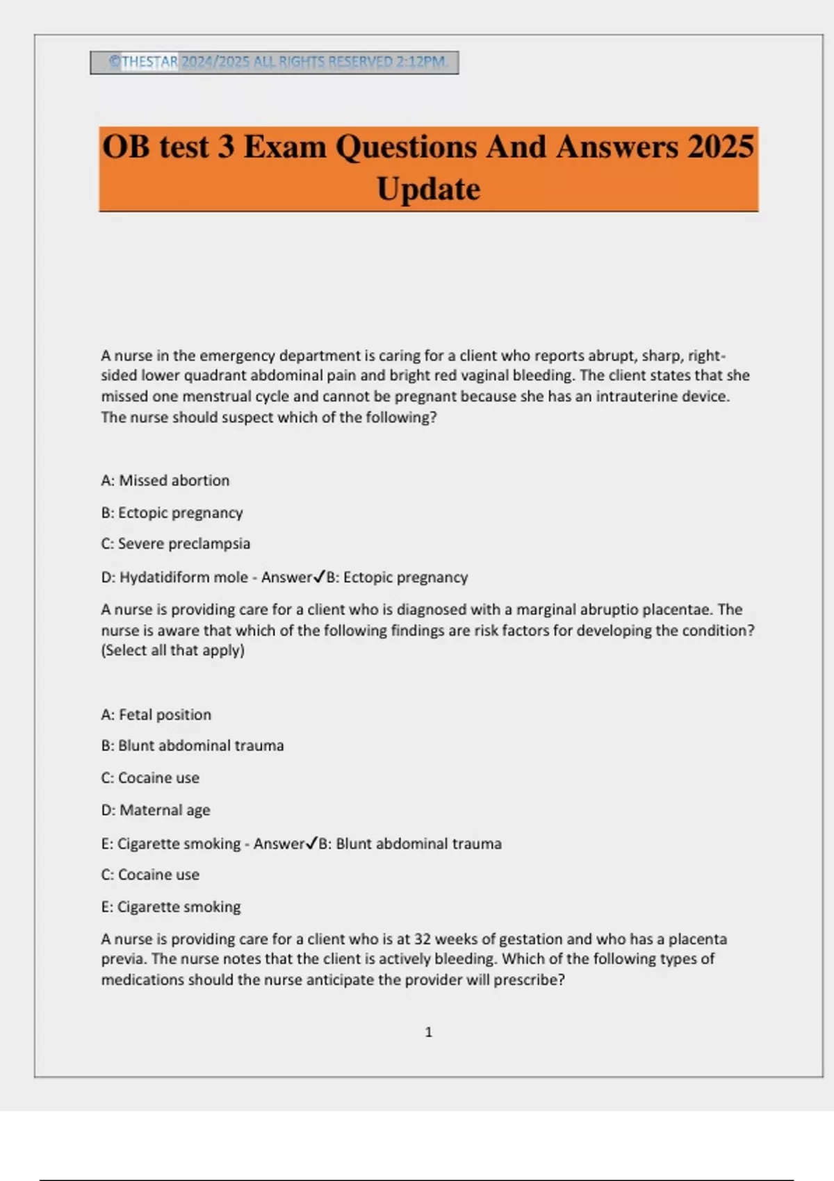 OB test 3 Exam Questions And Answers 2025 Update - OB/PEDs FISDAP ...