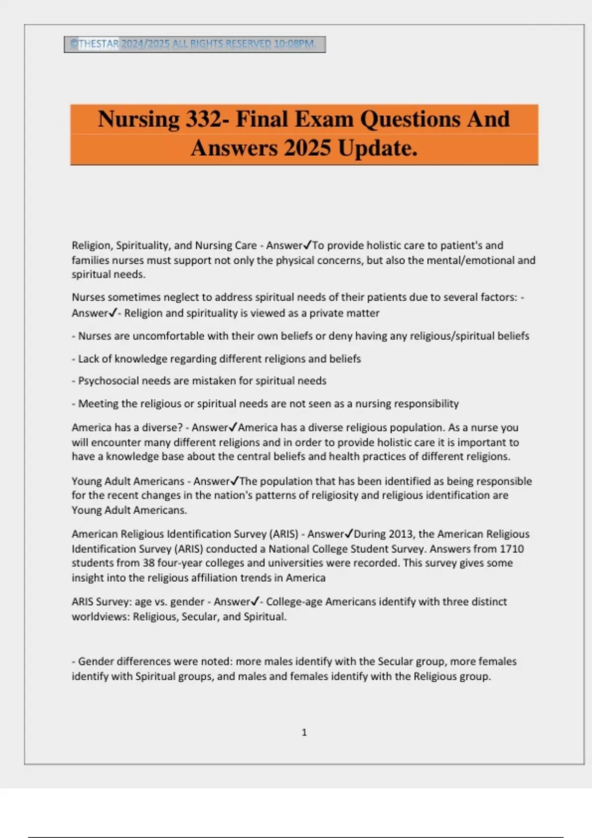 Nursing 332- Final Exam Questions And Answers 2025 Update. - Nursing ...