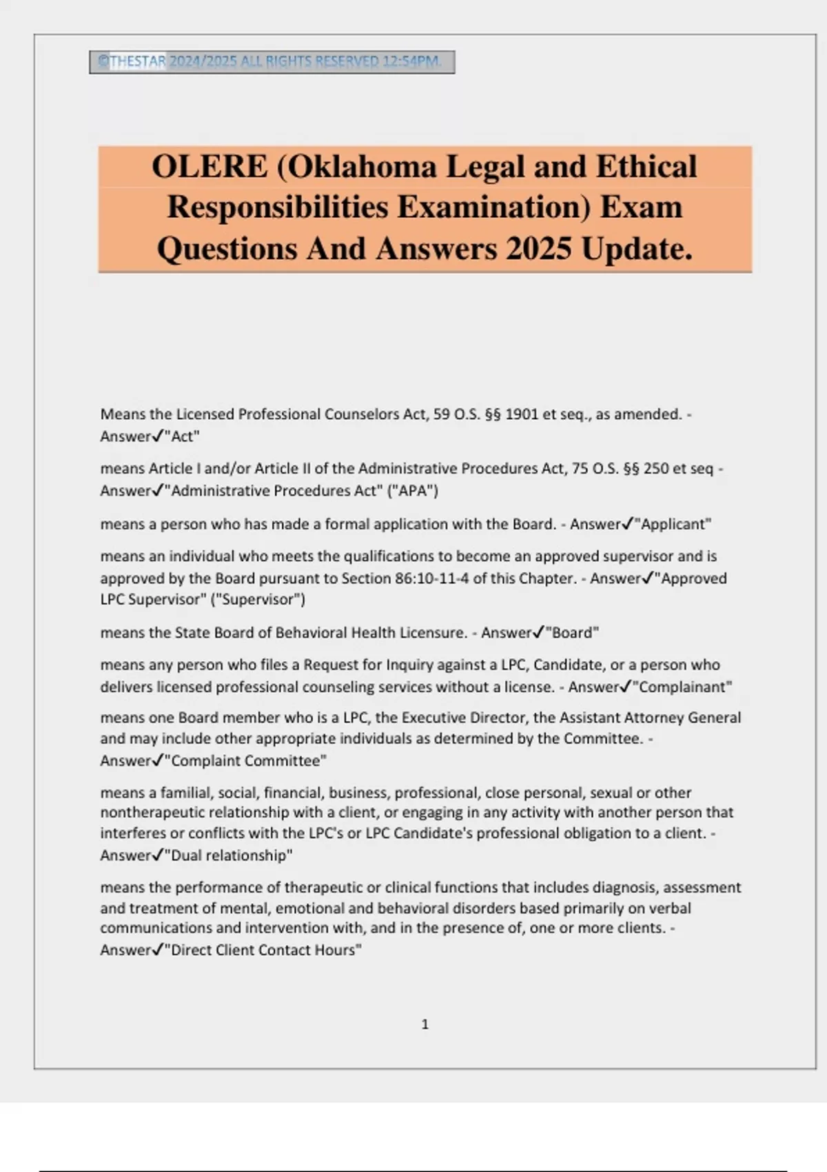 OLERE (Oklahoma Legal and Ethical Responsibilities Examination) Exam ...