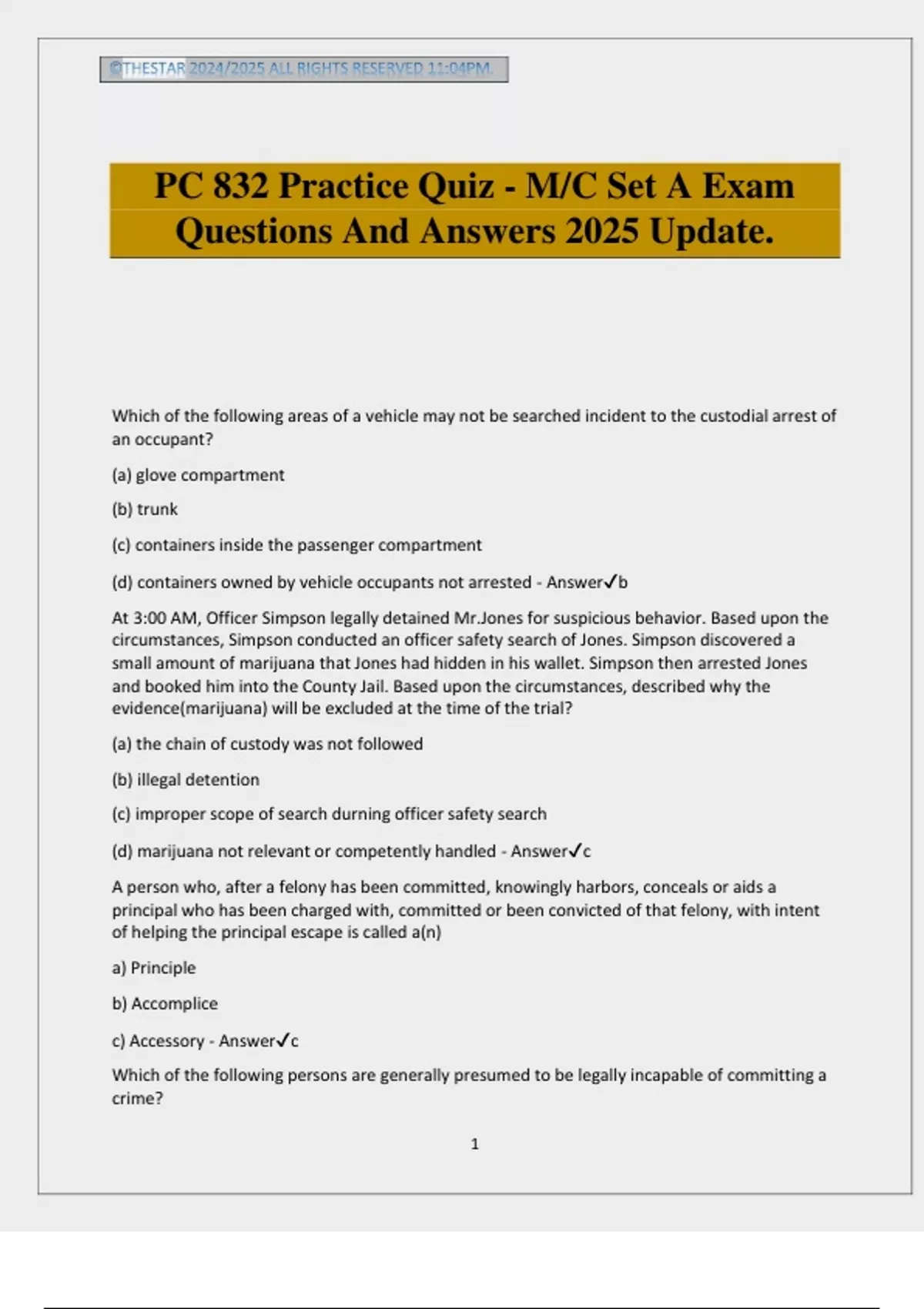 PC 832 Practice Quiz - M/C Set A Exam Questions And Answers 2025 Update. - PC 832 - Stuvia US