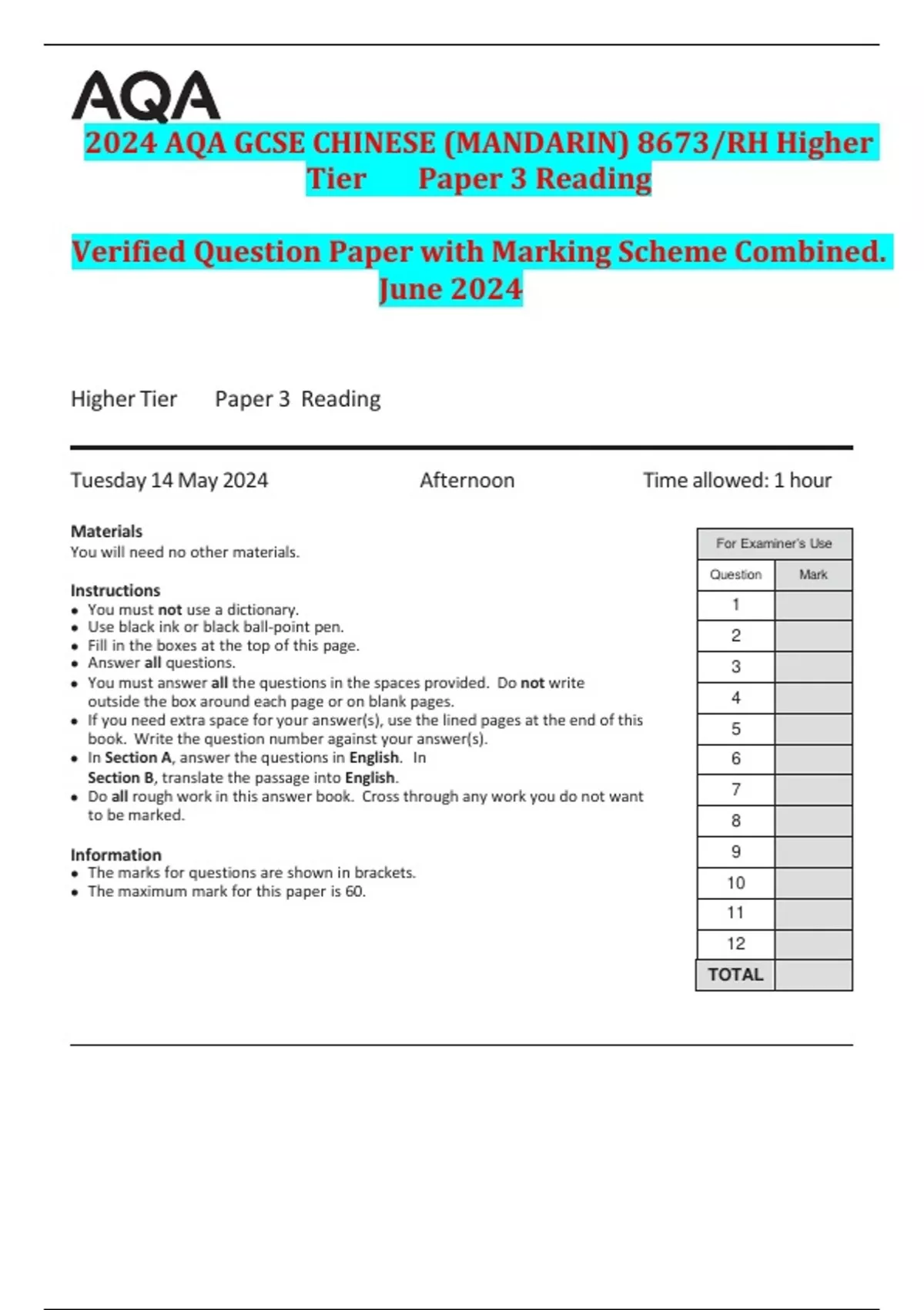 2024 AQA GCSE CHINESE (MANDARIN) 8673/RH Higher Tier Paper 3 Reading ...
