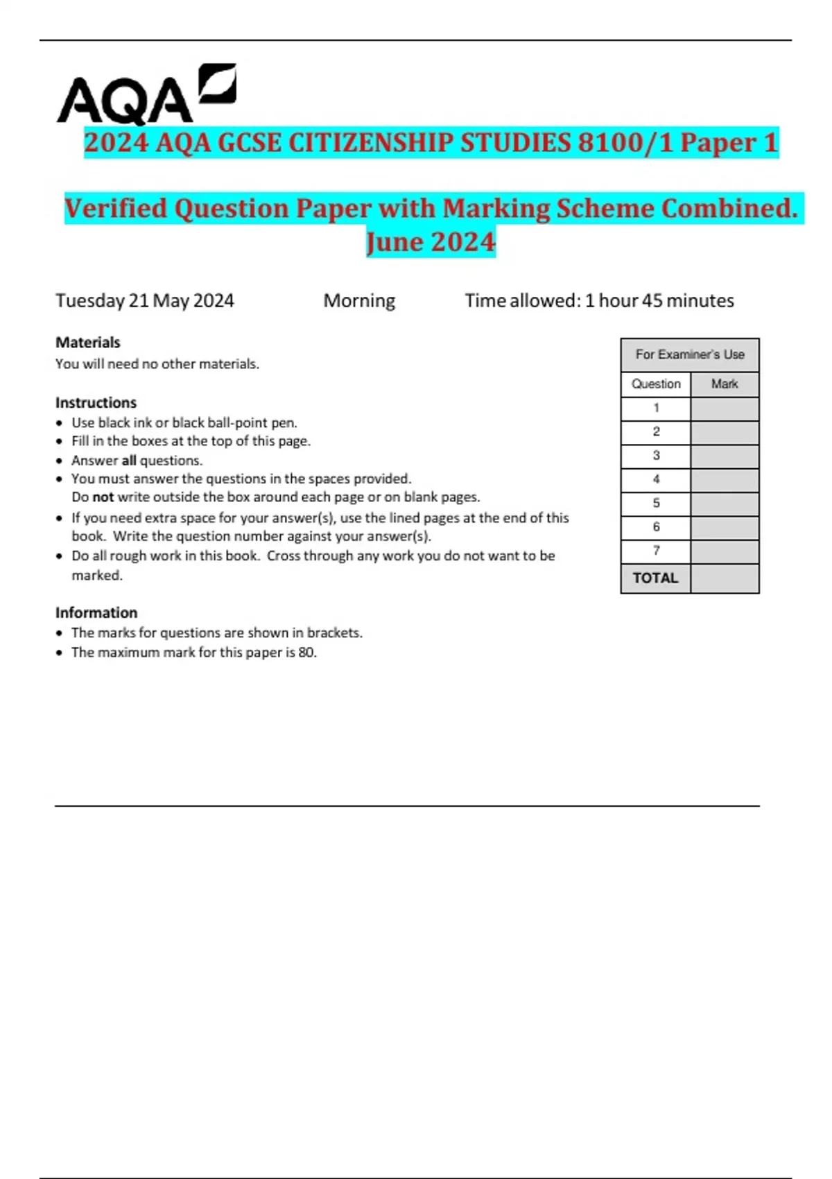 2024 AQA GCSE CITIZENSHIP STUDIES 8100/1 Paper 1 Verified Question ...