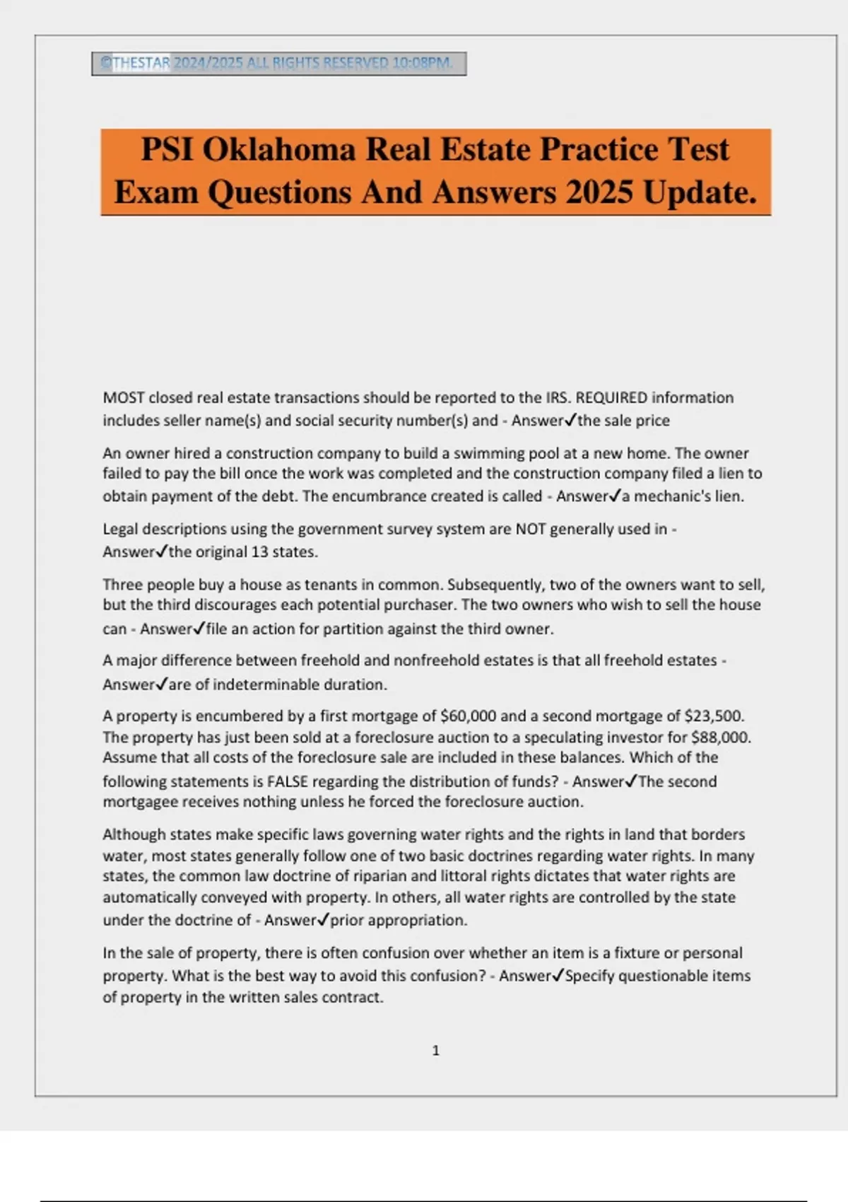 PSI Oklahoma Real Estate Practice Test Exam Questions And Answers 2025 ...