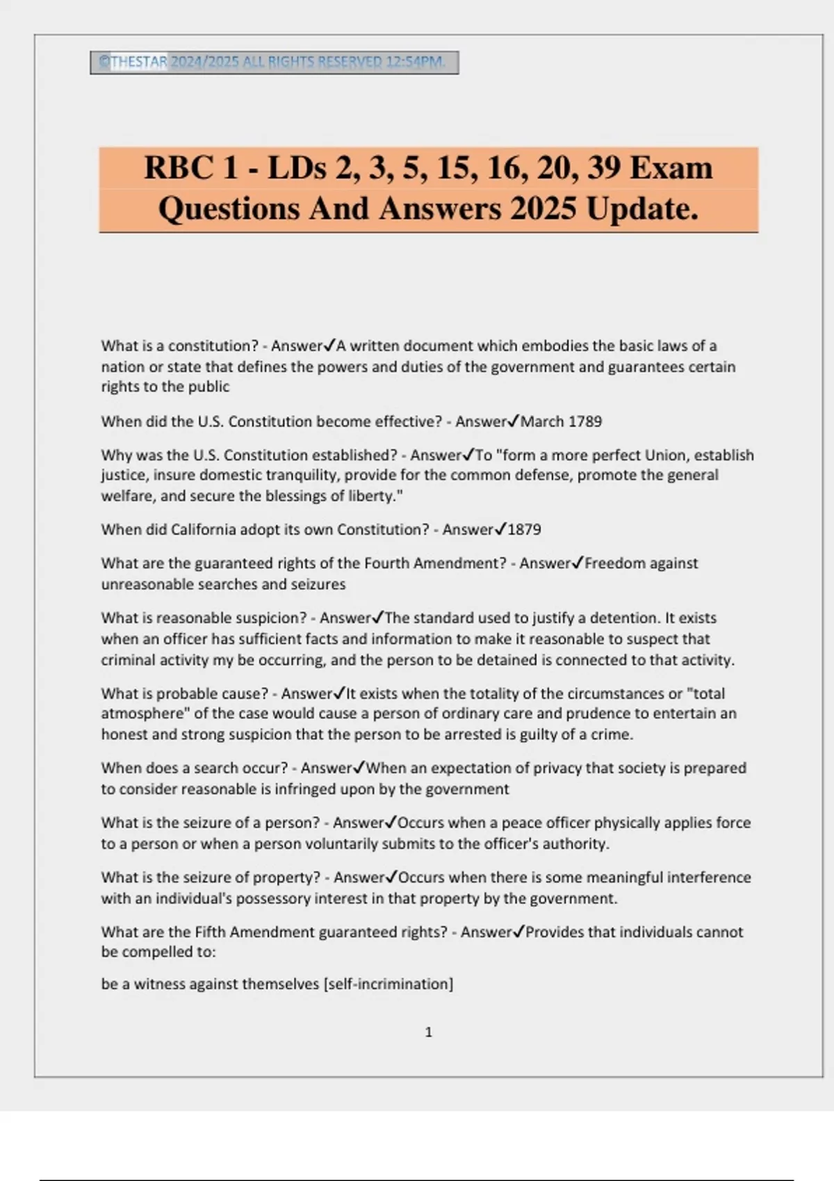RBC 1 - LDs 2, 3, 5, 15, 16, 20, 39 Exam Questions And Answers 2025 Update. - RBC 1 - Stuvia US