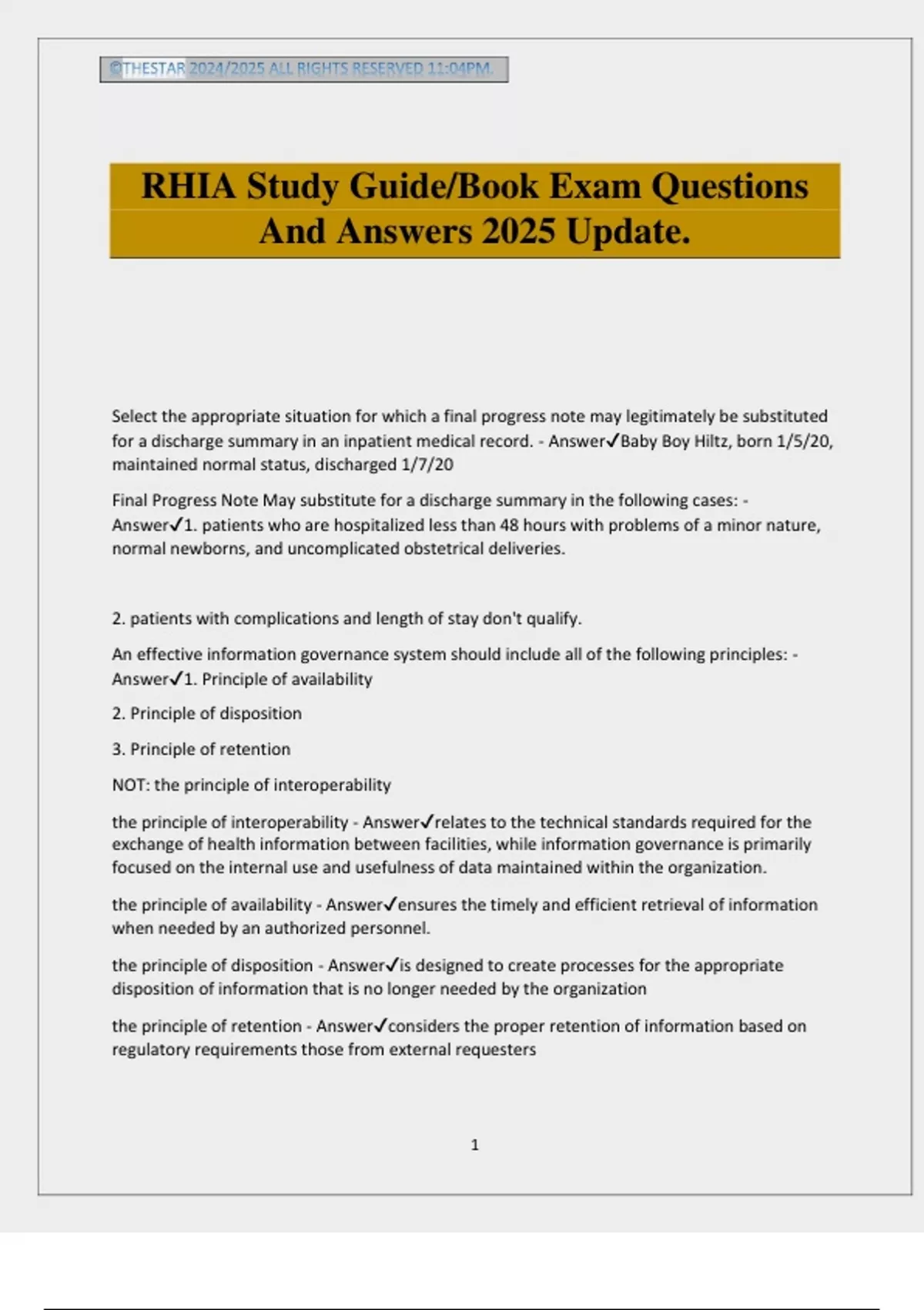 RHIA Study Guide/Book Exam Questions And Answers 2025 Update. - RHIA ...