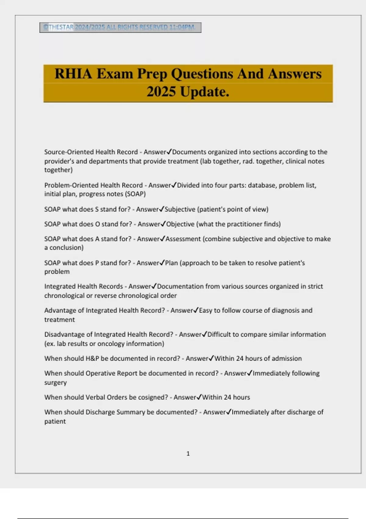 RHIA Exam Prep Questions And Answers 2025 Update. - RHIA - Stuvia US