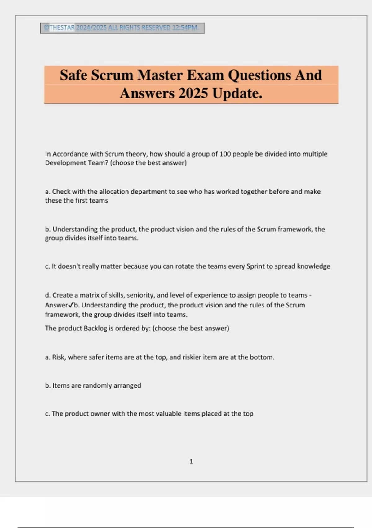Safe Scrum Master Exam Questions And Answers 2025 Update. - Safe Scrum ...