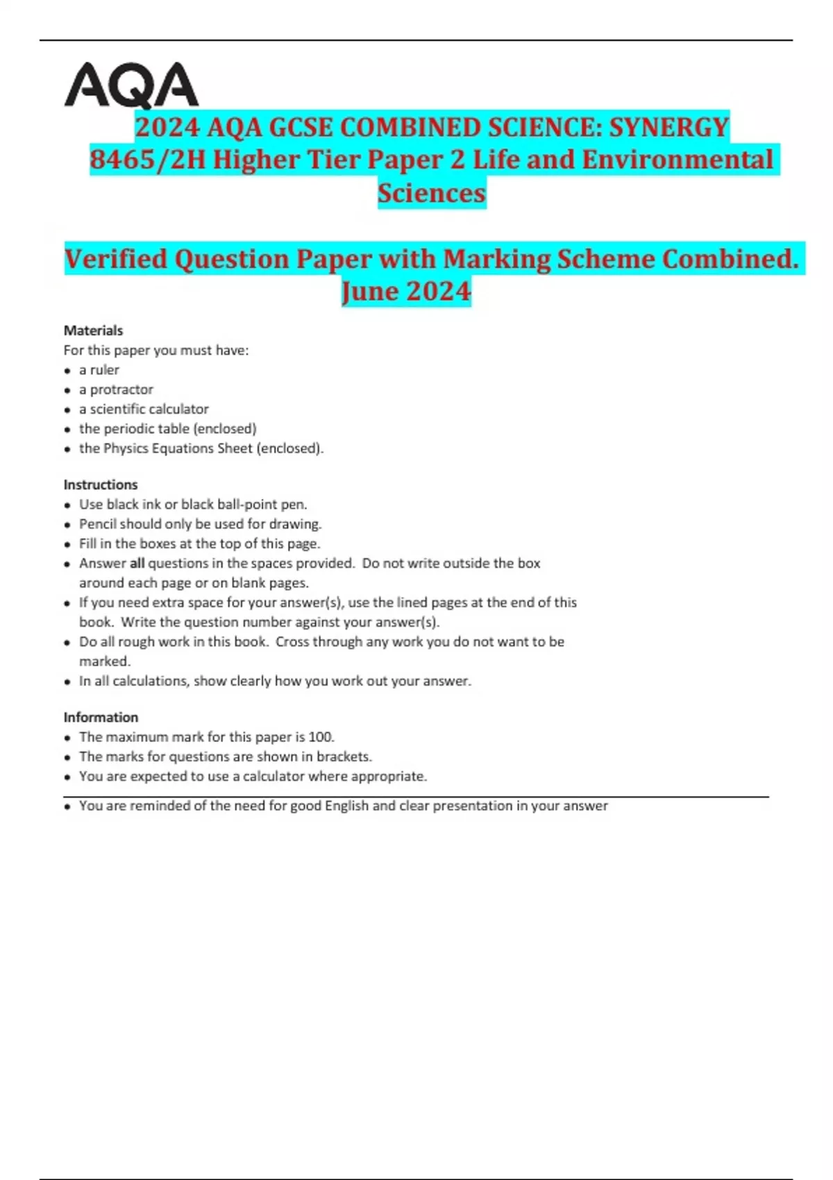 2024 AQA GCSE COMBINED SCIENCE: SYNERGY 8465/2H Higher Tier Paper 2 ...