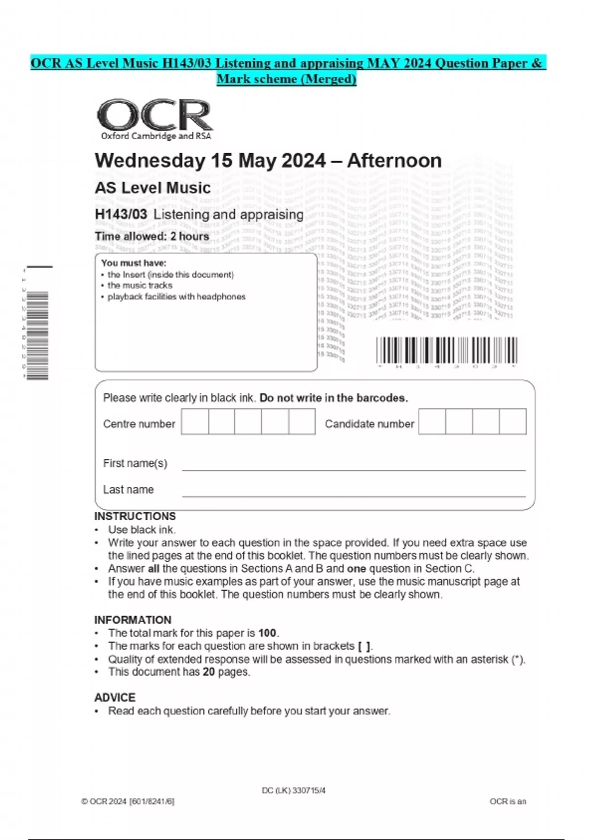 OCR AS Level Music H143/03 Listening and appraising MAY 2024 Question Paper & Mark scheme ...