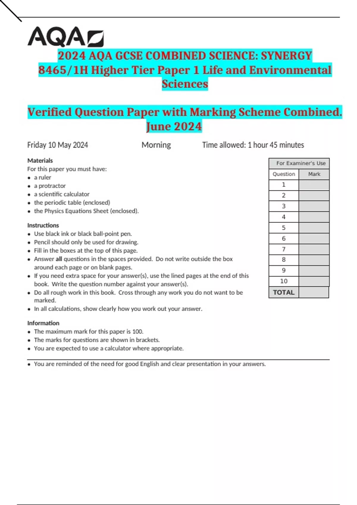 2024 Aqa Gcse Combined Science Synergy 8465 1h Higher Tier Paper 1