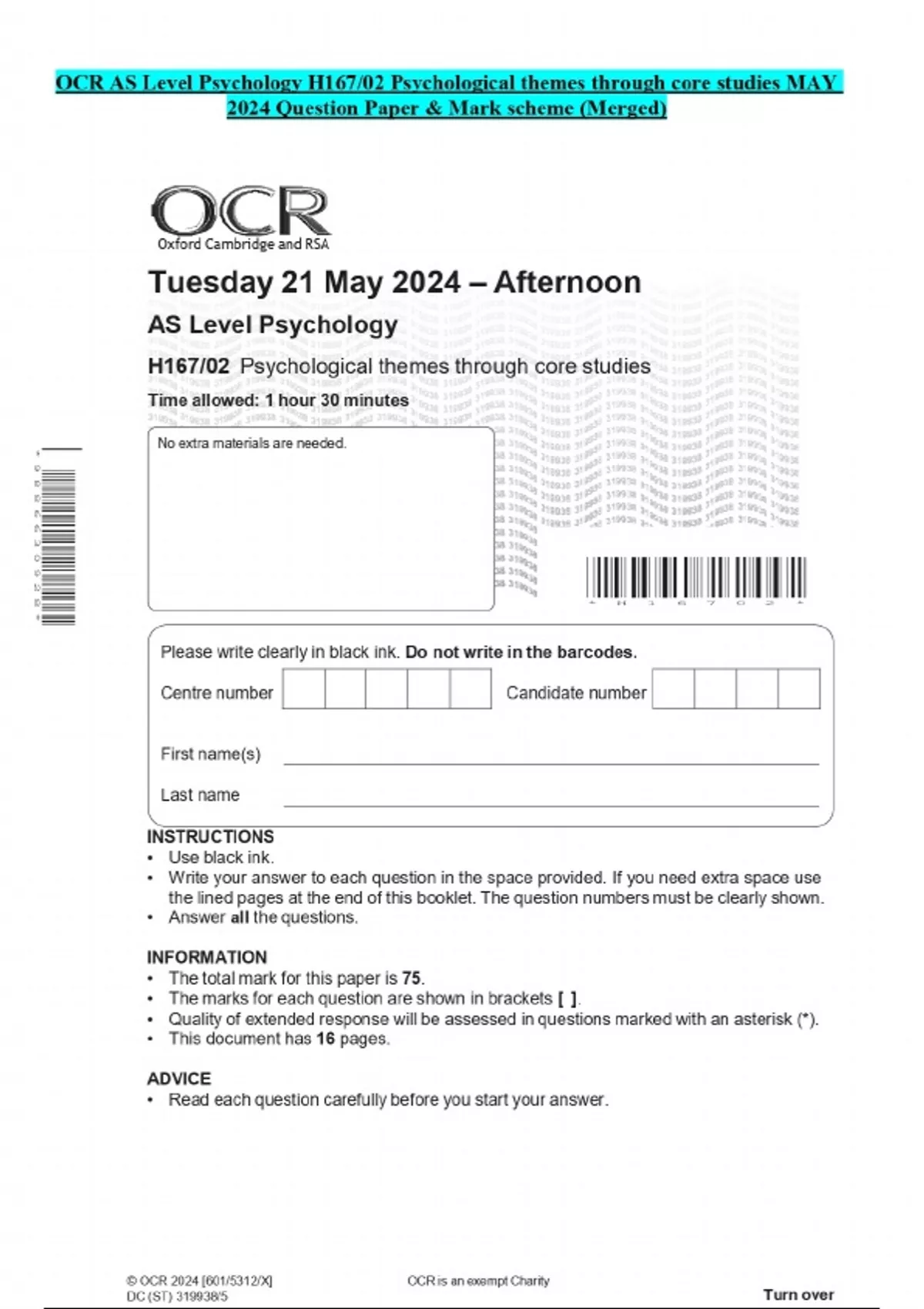 OCR AS Level Psychology H167/02 Psychological themes through core ...