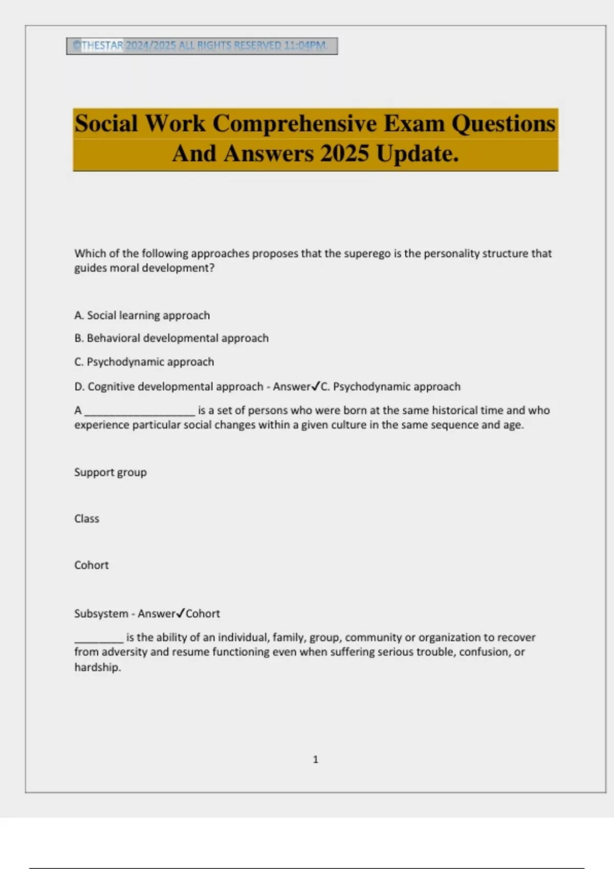 Social Work Comprehensive Exam Questions And Answers 2025 Update ...
