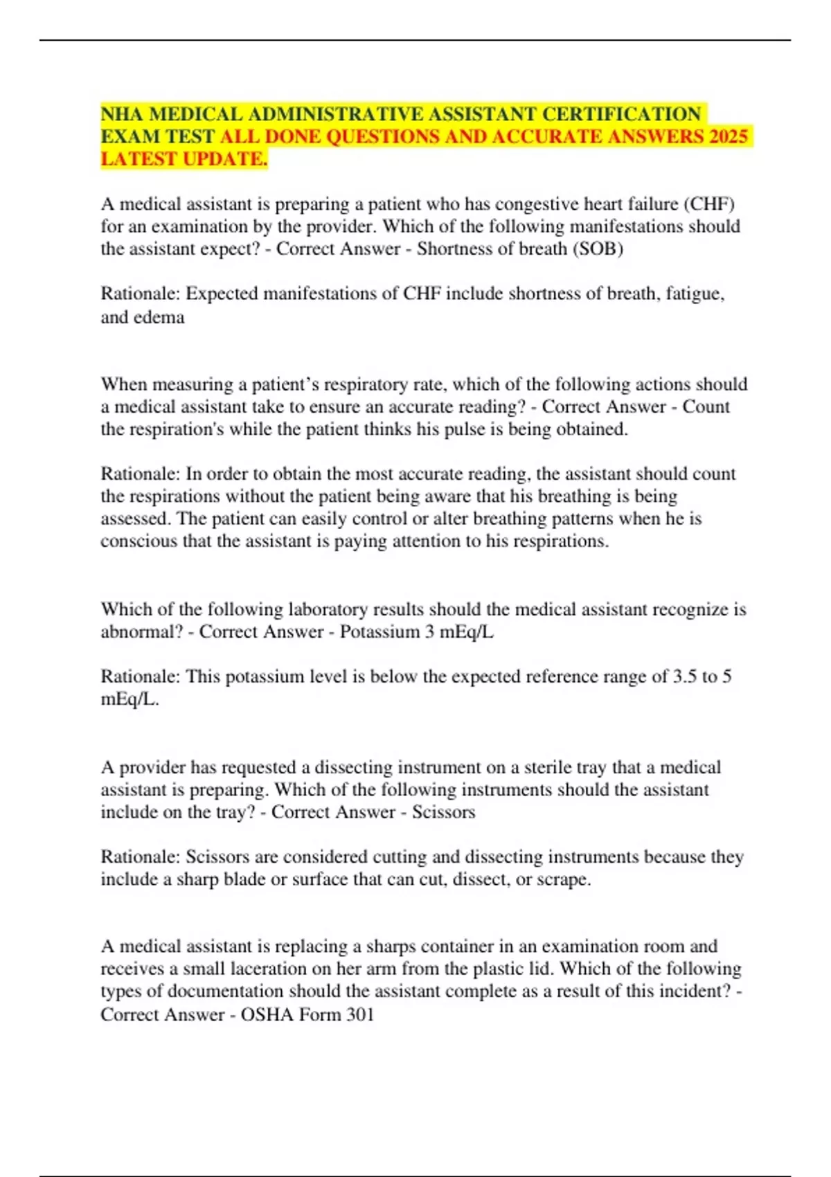 NHA MEDICAL ADMINISTRATIVE ASSISTANT CERTIFICATION EXAM TEST ALL DONE ...