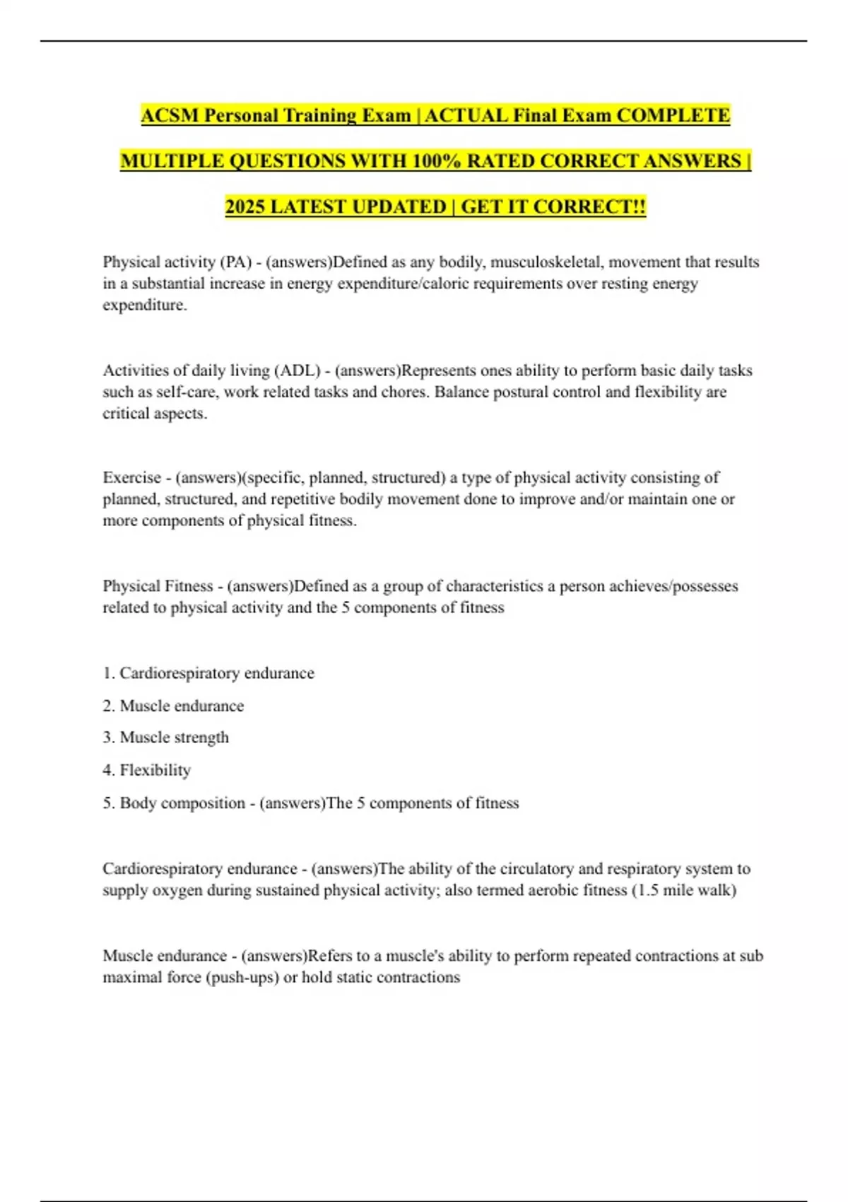 ACSM Personal Training Exam | ACTUAL Final Exam COMPLETE MULTIPLE ...