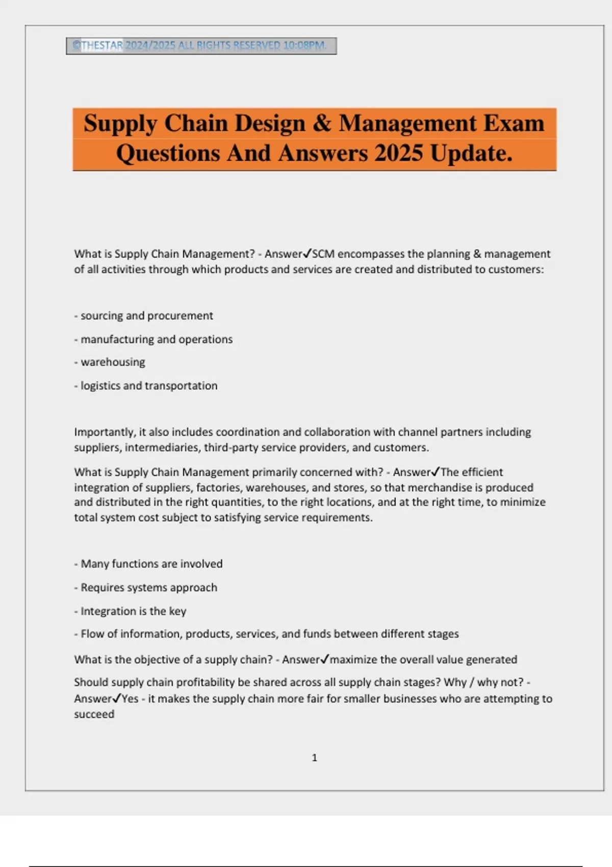 Supply Chain Design & Management Exam Questions And Answers 2025 Update ...
