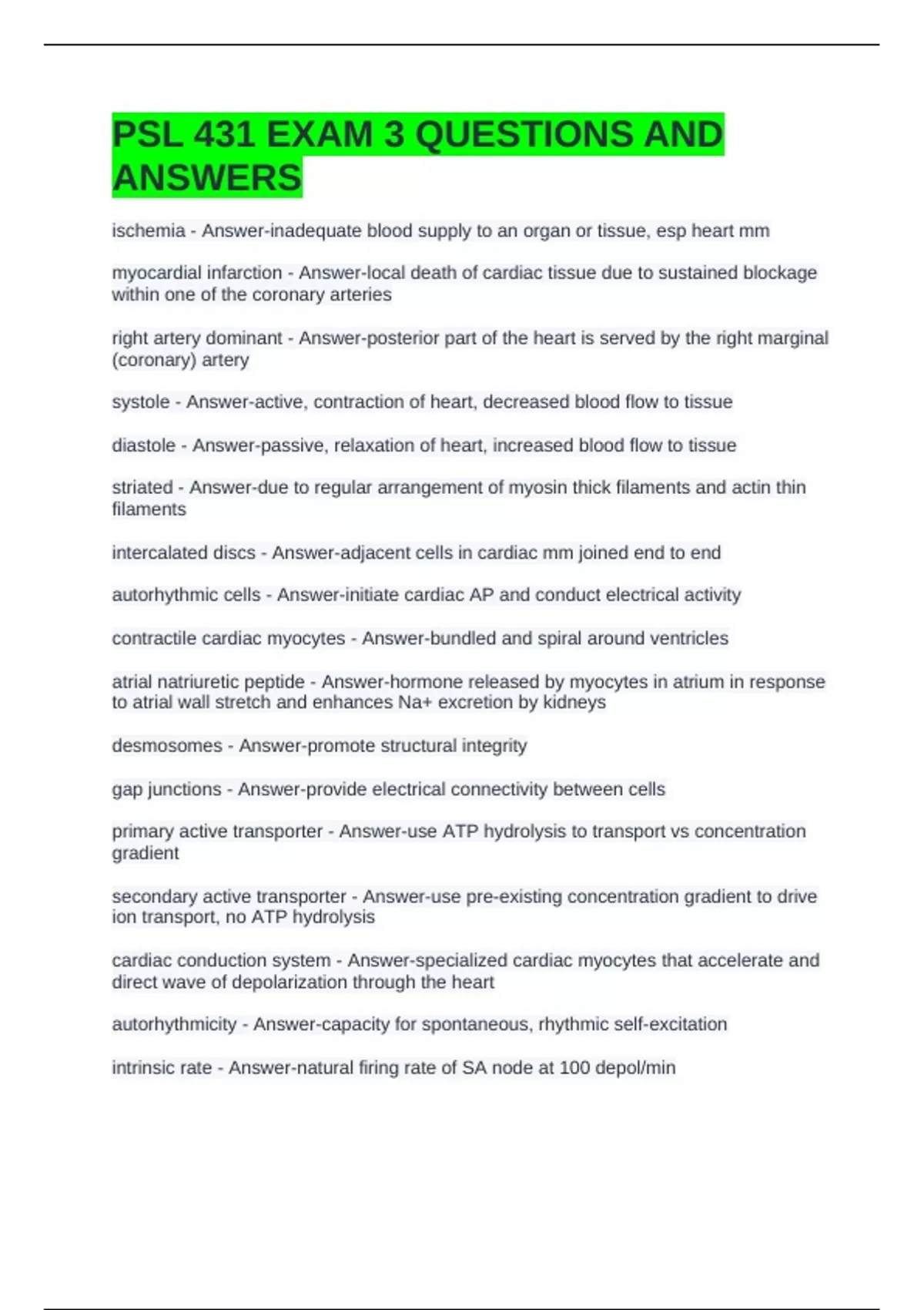 PSL 431 EXAM 3 QUESTIONS AND ANSWERS - BIO 431 - Stuvia US