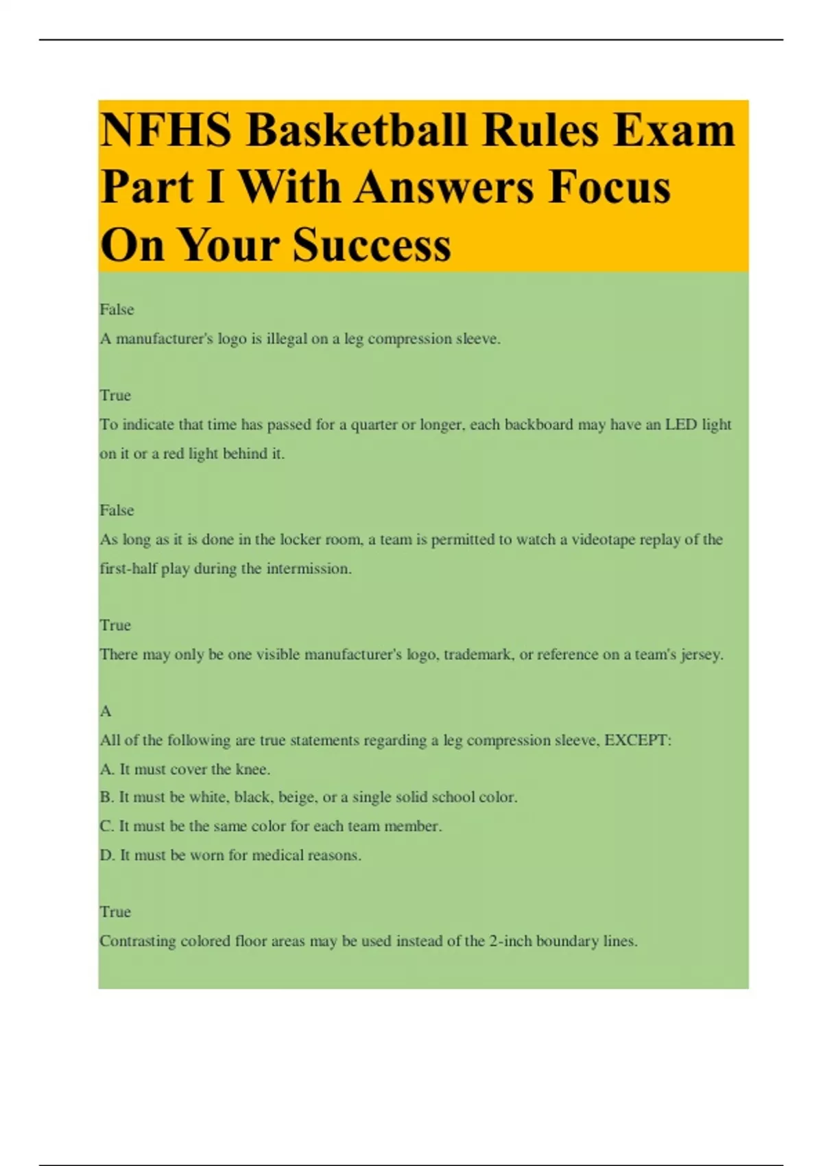 NFHS Basketball Rules Exam Part I With Answers Focus On Your Success ...