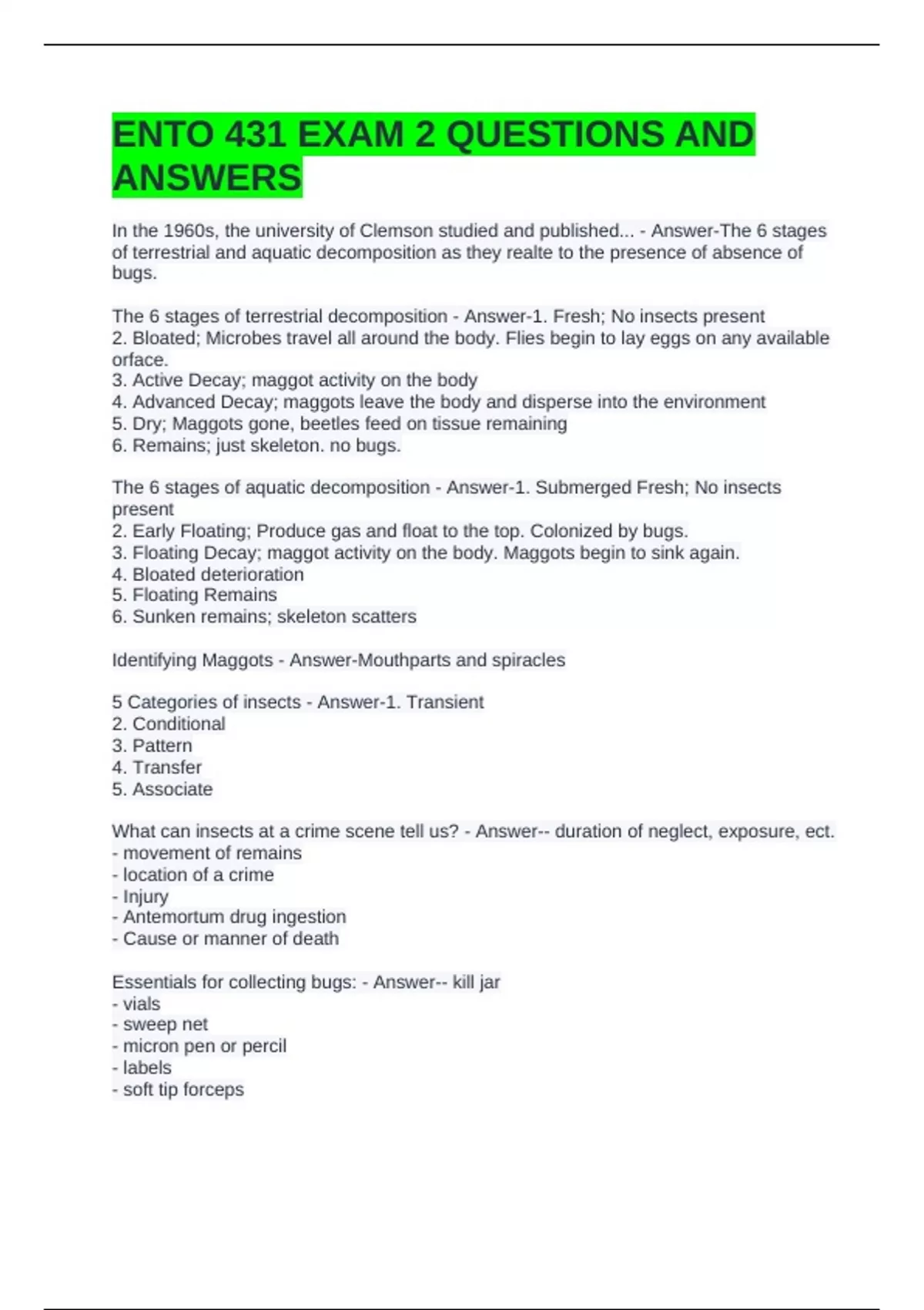 ENTO 431 EXAM 2 QUESTIONS AND ANSWERS - BIO 431 - Stuvia US