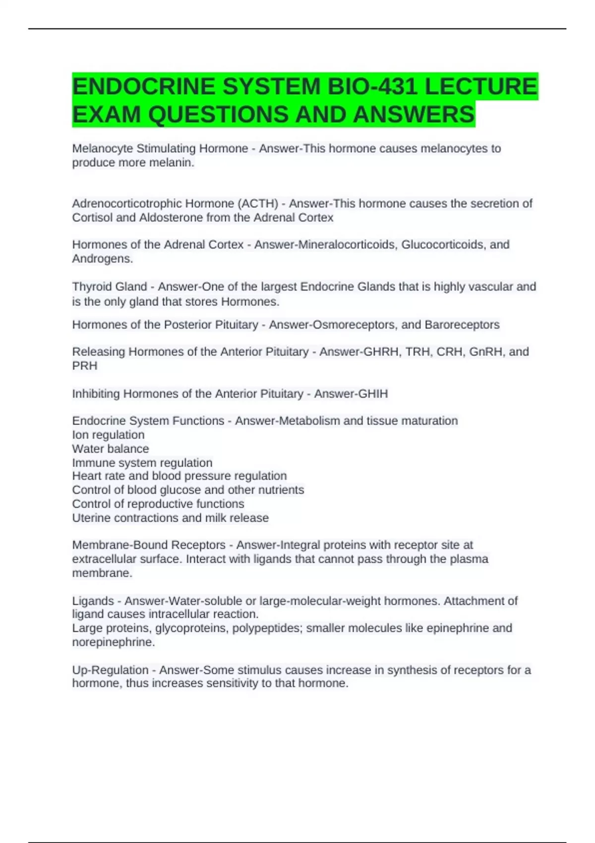 ENDOCRINE SYSTEM BIO-431 LECTURE EXAM QUESTIONS AND ANSWERS - BIO 431 ...