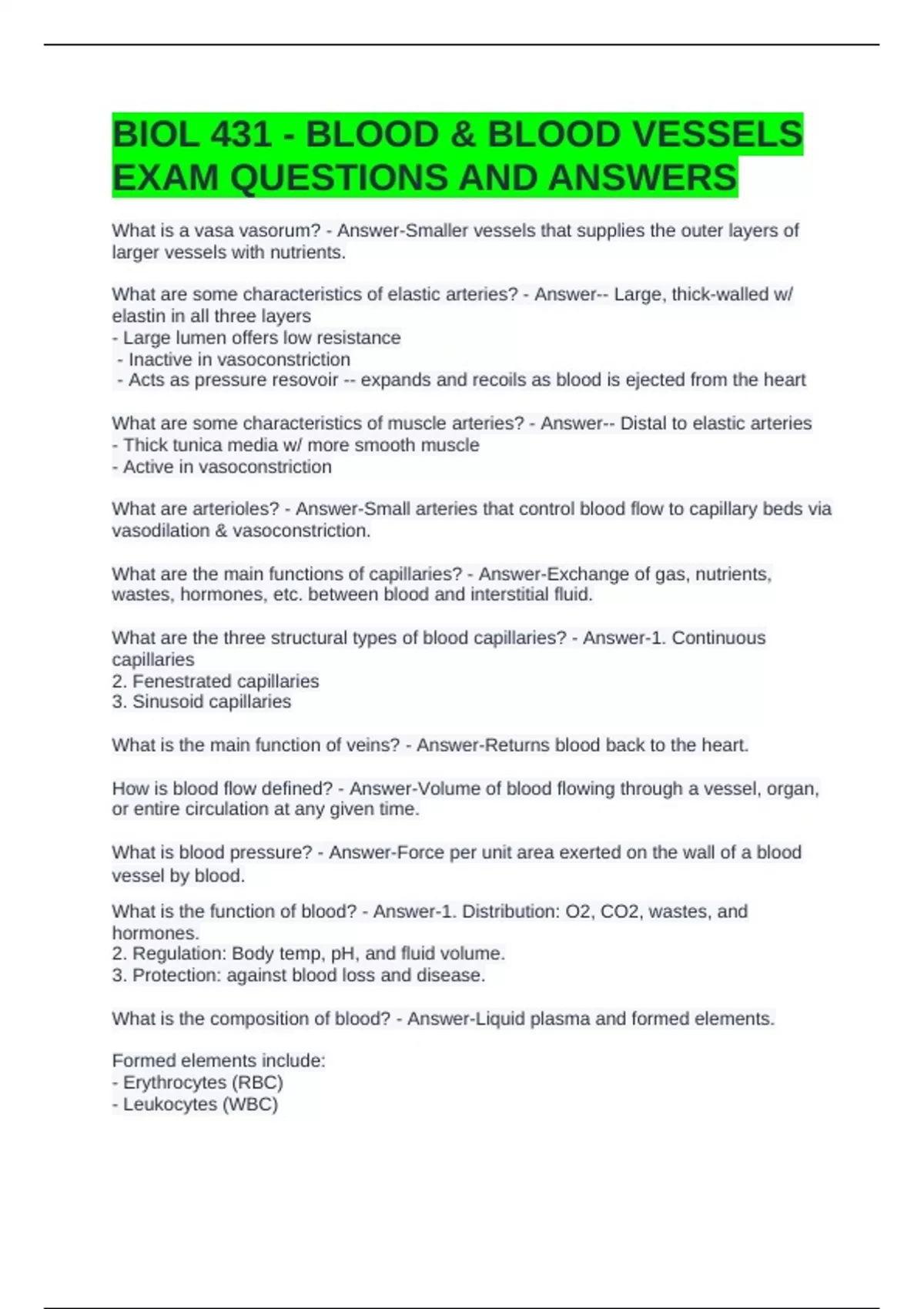 BIOL 431 - BLOOD & BLOOD VESSELS EXAM QUESTIONS AND ANSWERS - BIO 431 ...