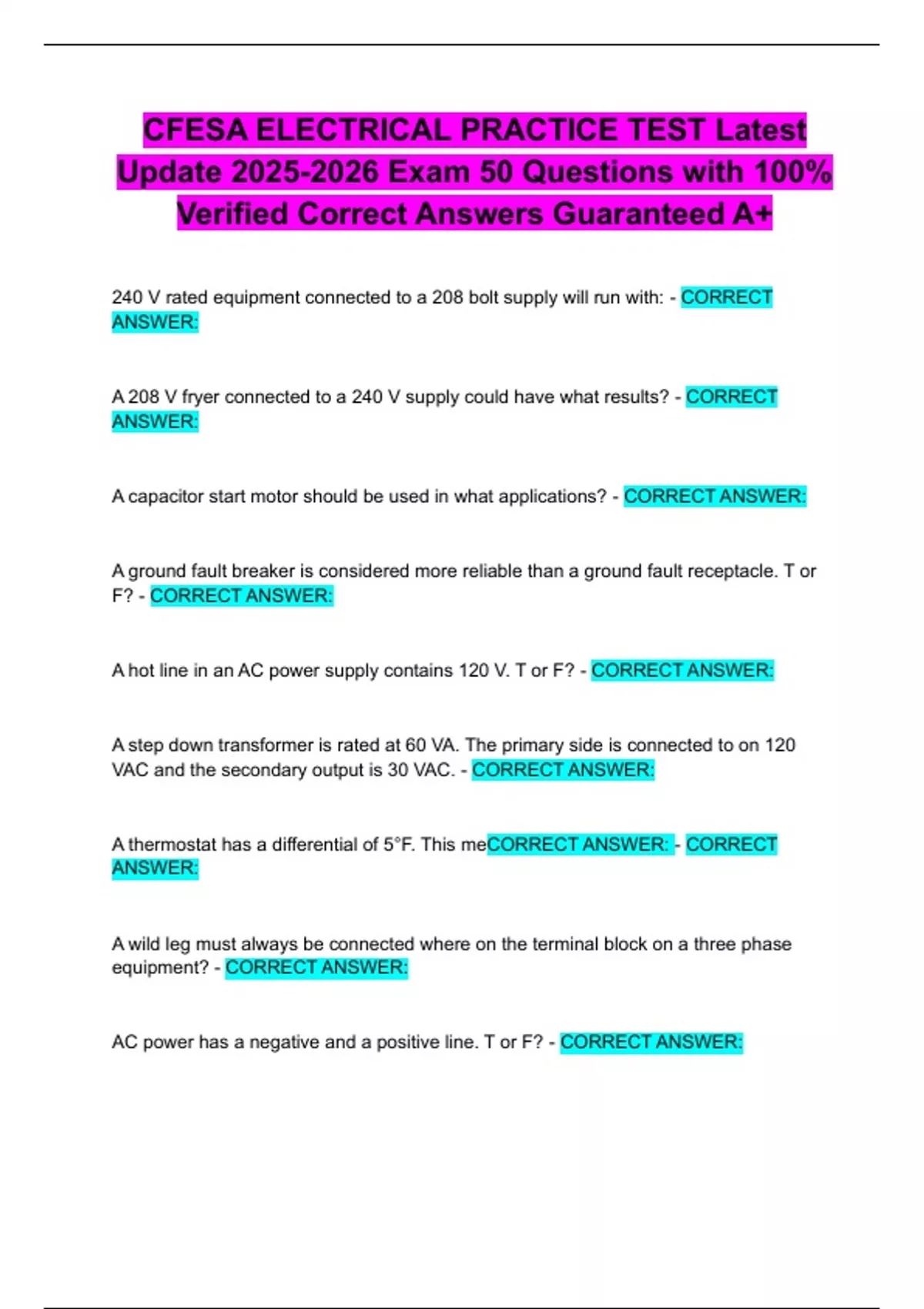 CFESA ELECTRICAL PRACTICE TEST Latest Update Exam 50 Questions with 100 ...