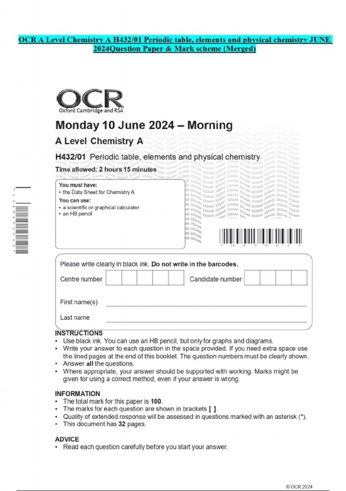 OCR A Level Chemistry A H432/01 Periodic table, elements and physical ...