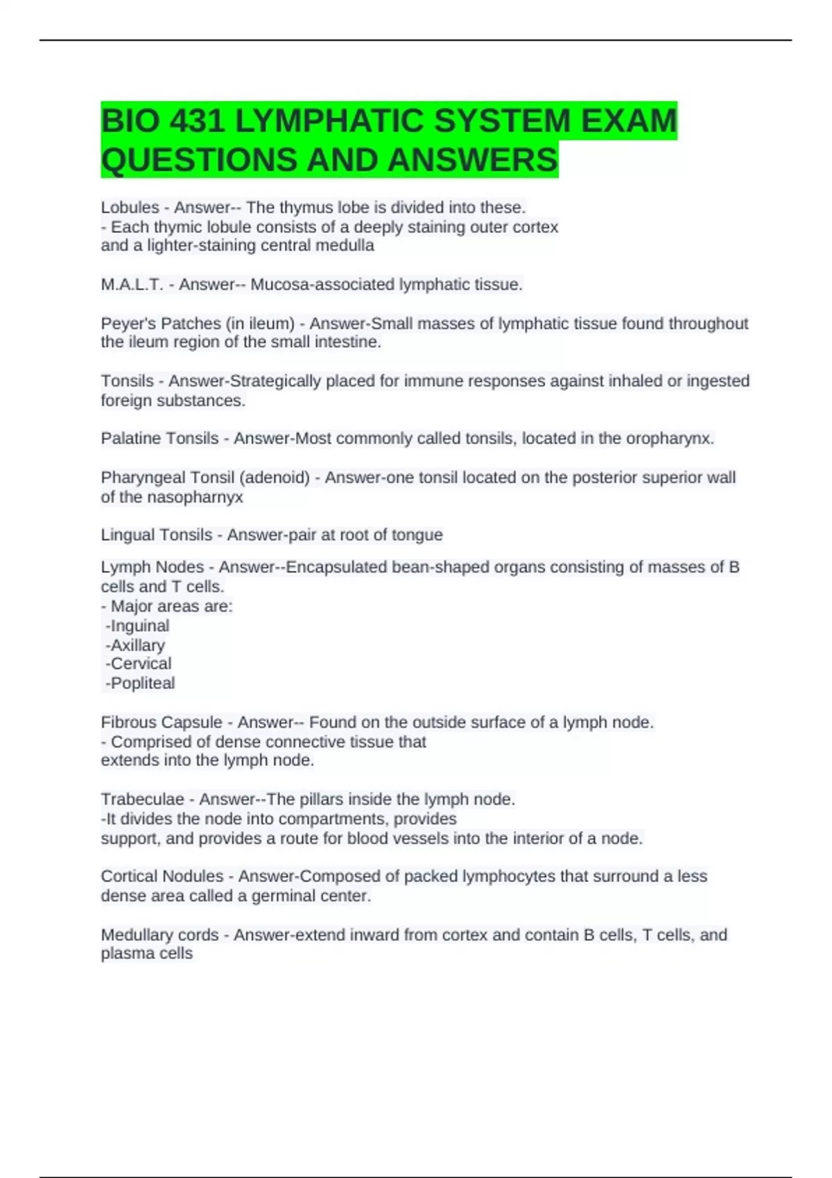 BIO 431 LYMPHATIC SYSTEM EXAM QUESTIONS AND ANSWERS - BIO 431 - Stuvia US