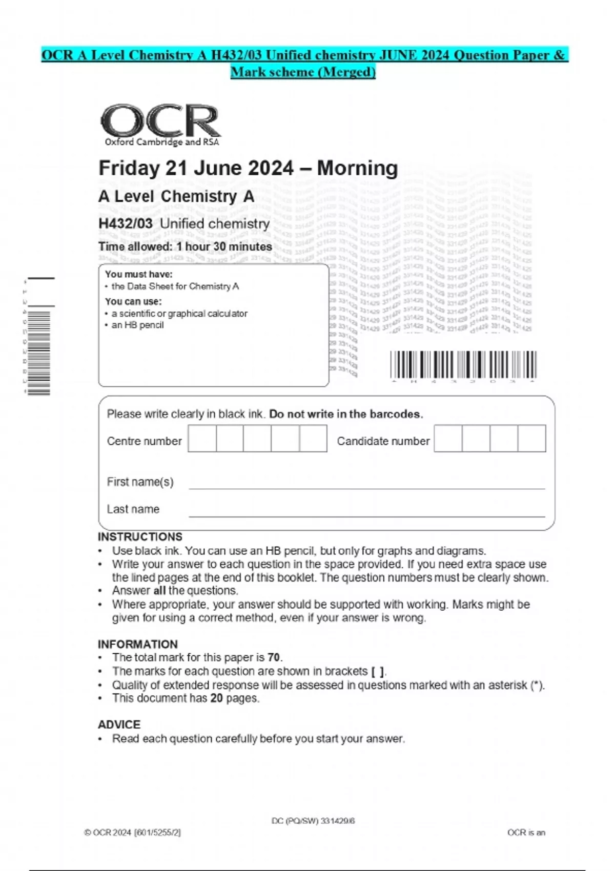 OCR A Level Chemistry A H432/03 Unified chemistry JUNE 2024 Question Paper & Mark scheme (Merged ...