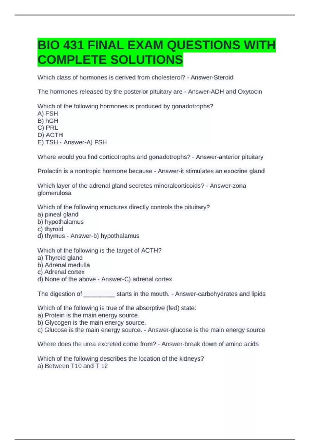 BIO 431 FINAL EXAM QUESTIONS WITH COMPLETE SOLUTIONS - BIO 431 - Stuvia US