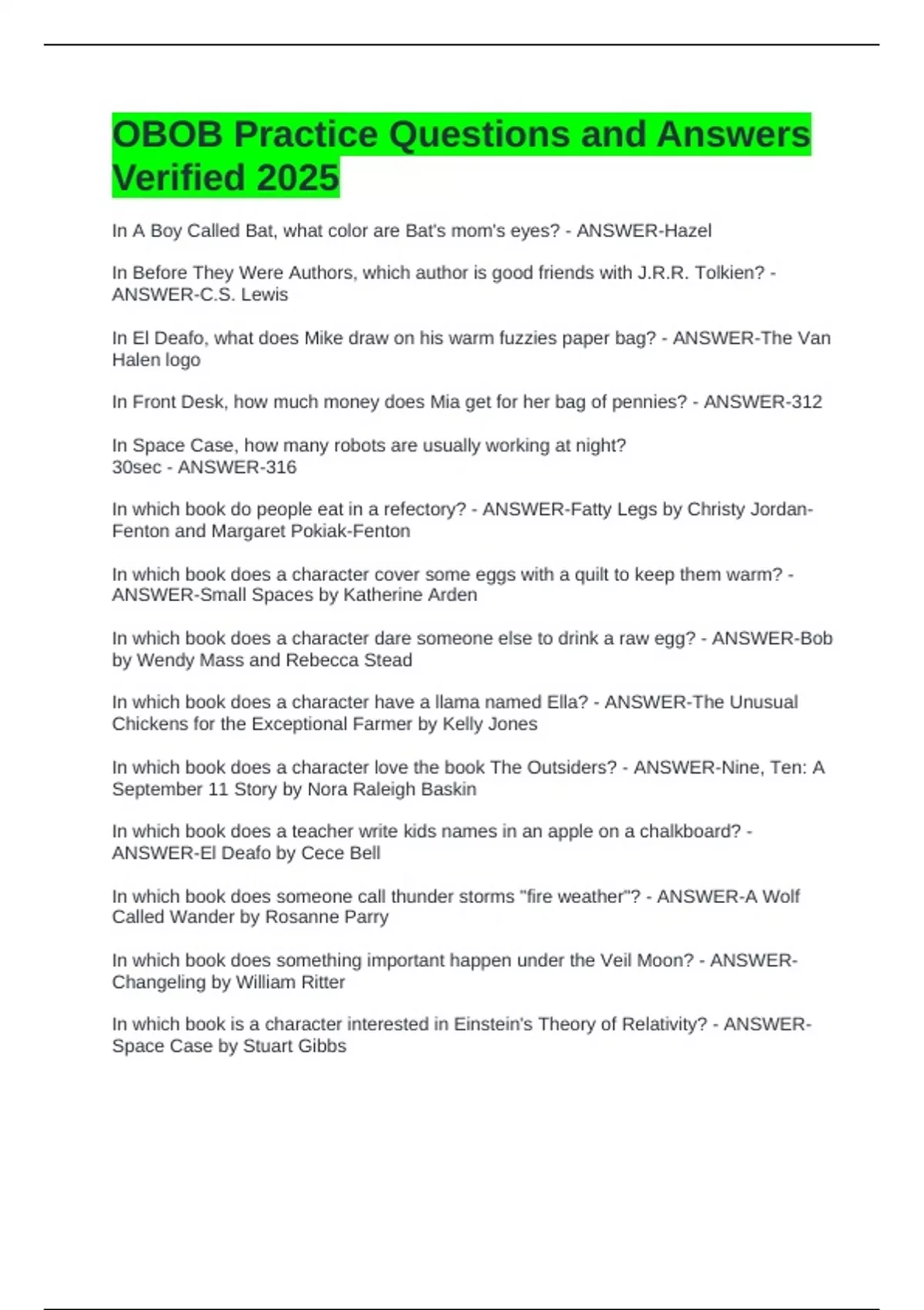 OBOB Practice Questions and Answers Verified 2025 - OBOB - Stuvia US