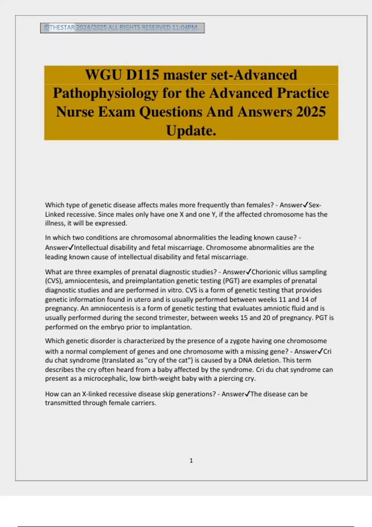 WGU D115 master set-Advanced Pathophysiology for the Advanced Practice ...