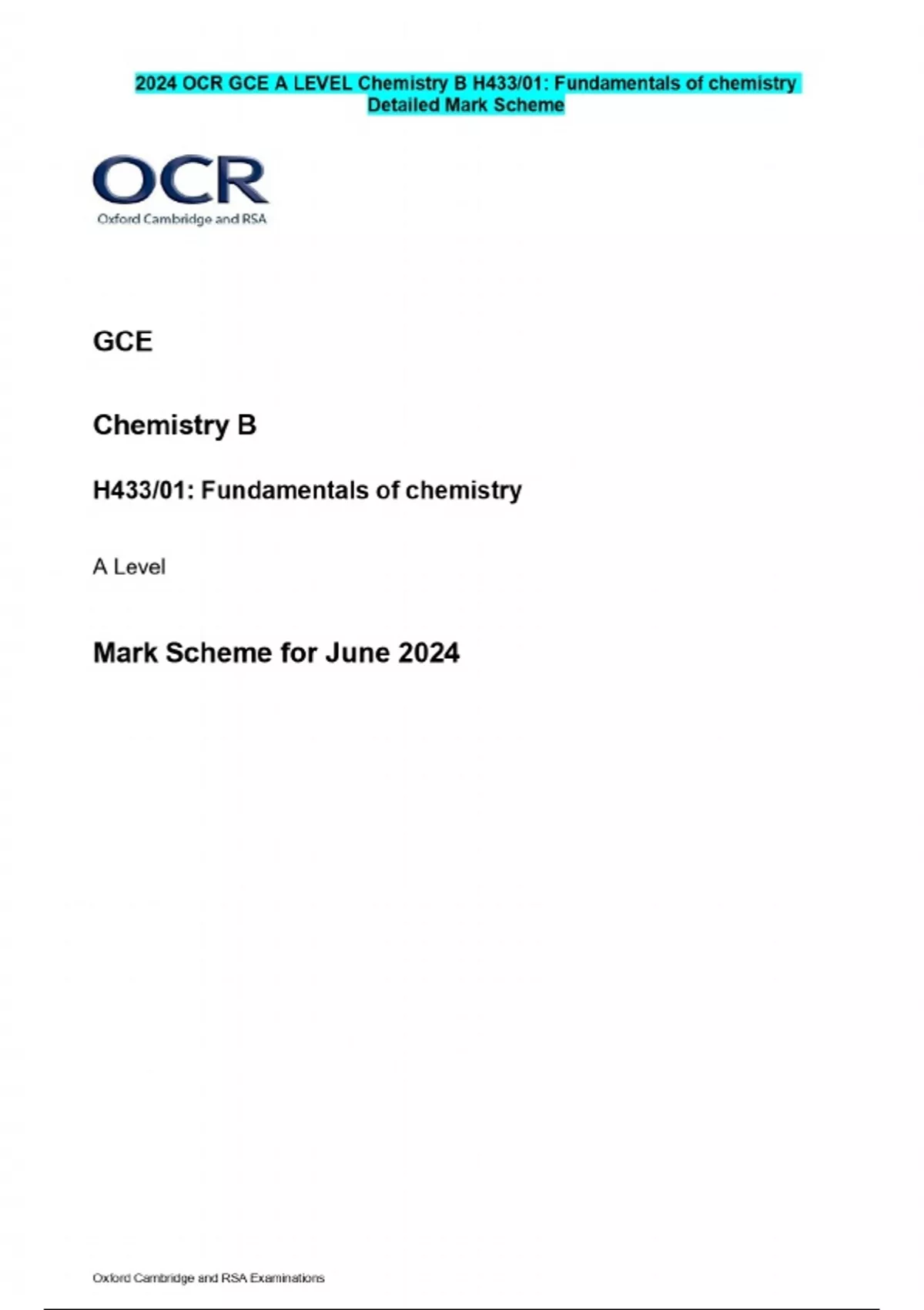 2024 OCR GCE A LEVEL Chemistry B H433/01: Fundamentals of chemistry ...