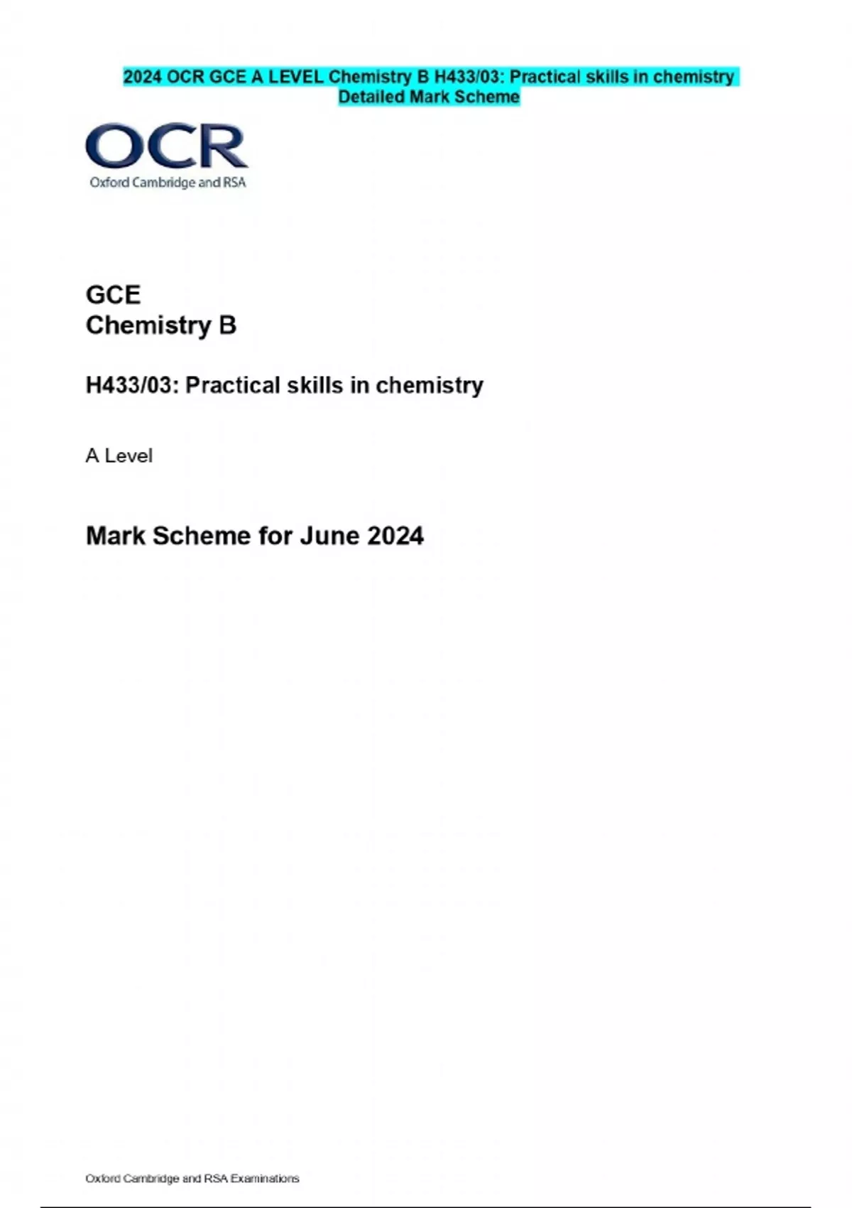 2024 OCR GCE A LEVEL Chemistry B H433/03: Practical skills in chemistry ...