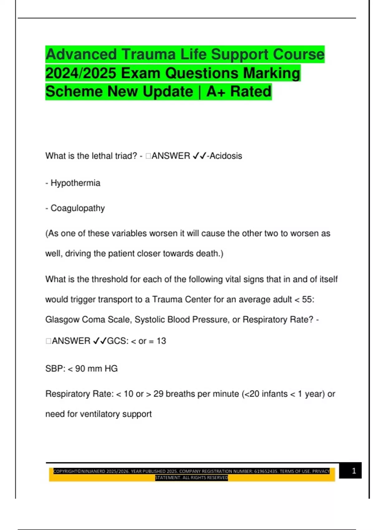 Advanced Trauma Life Support Course 2024/2025 Exam Questions Marking ...