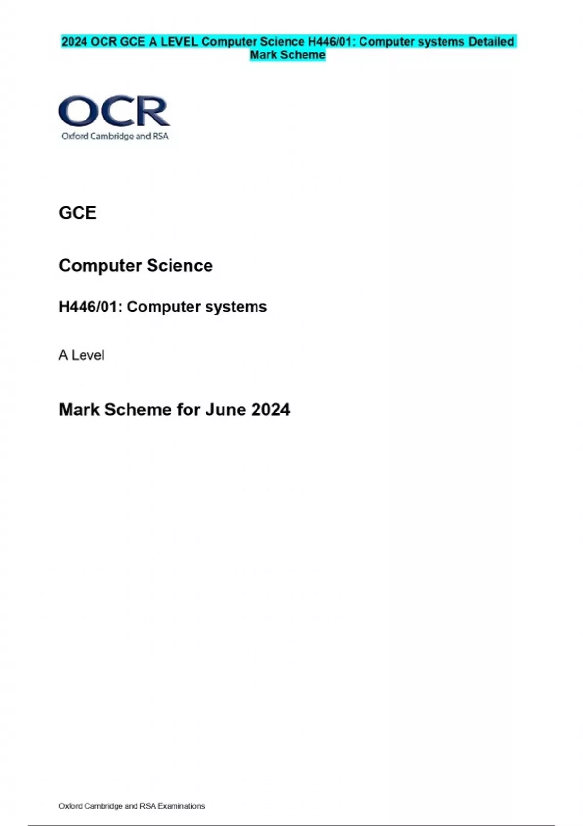 2024 OCR GCE A LEVEL Computer Science H446/01: Computer systems Detailed Mark Scheme - Ocr ms ...