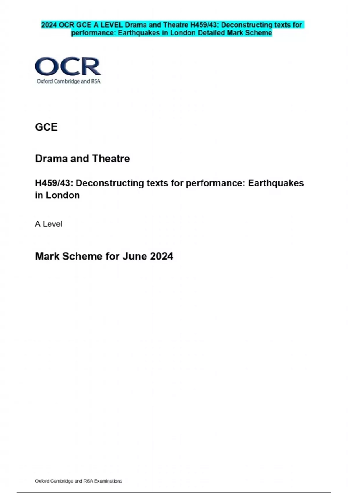 2024 OCR GCE A LEVEL Drama and Theatre H459/43: Deconstructing texts ...