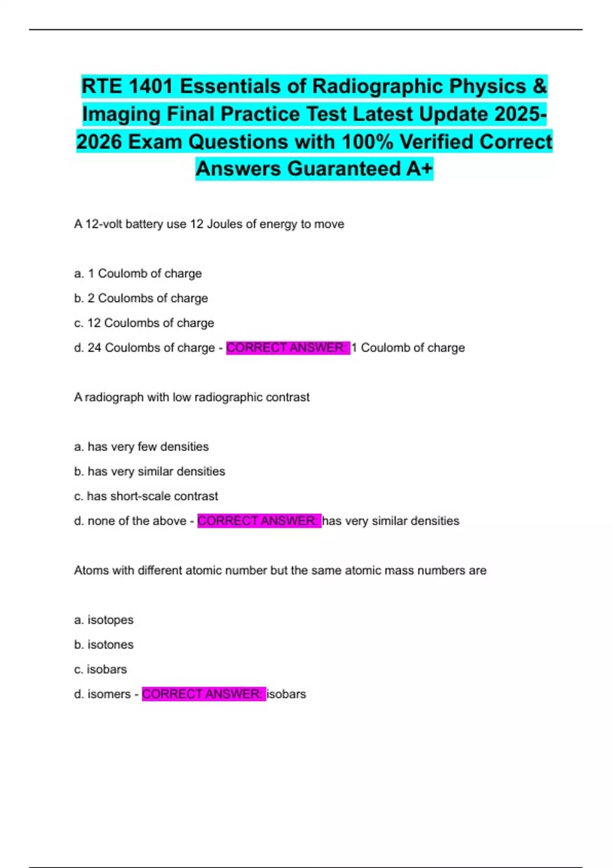 RTE 1401 Essentials of Radiographic Physics & Imaging Final Practice ...