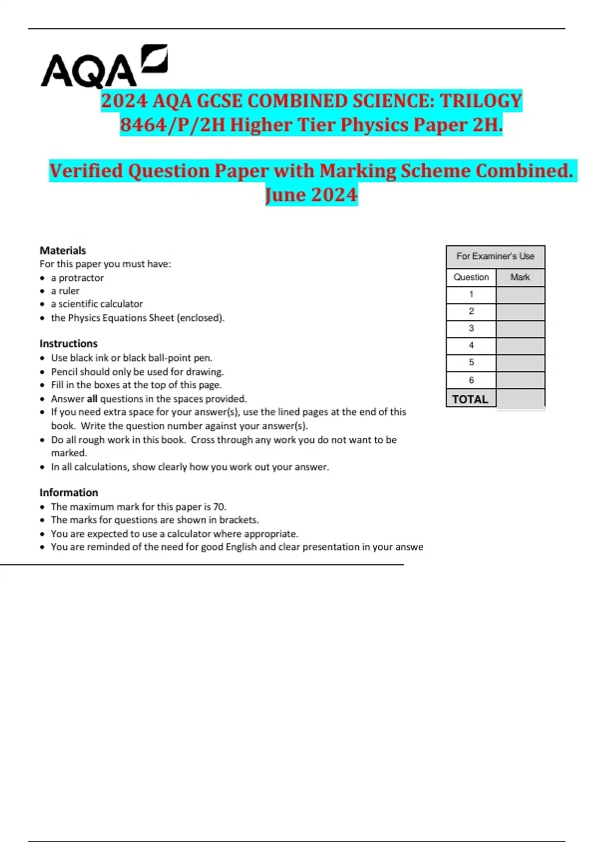 2024 AQA GCSE COMBINED SCIENCE: TRILOGY 8464/P/2H Higher Tier Physics ...