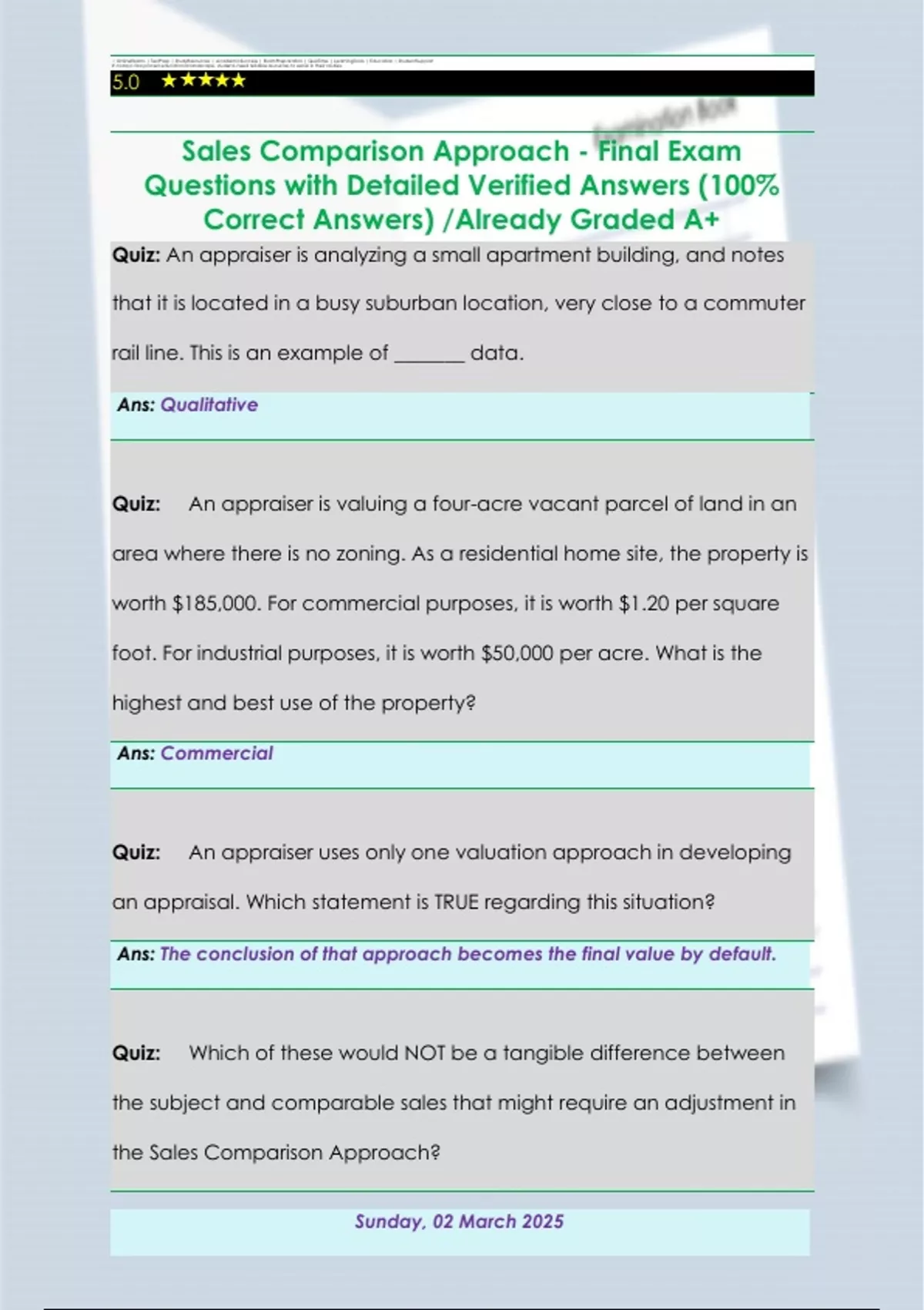 Sales Comparison Approach - Final Exam Questions with Detailed Verified ...