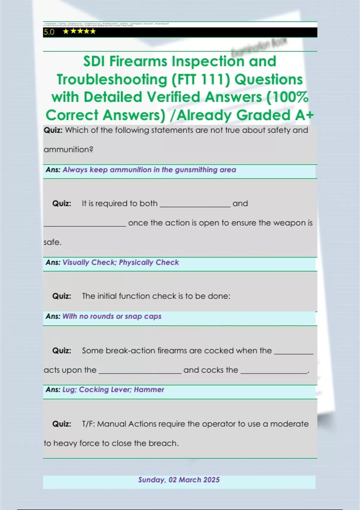 SDI Firearms Inspection and Troubleshooting (FTT 111) Questions with ...