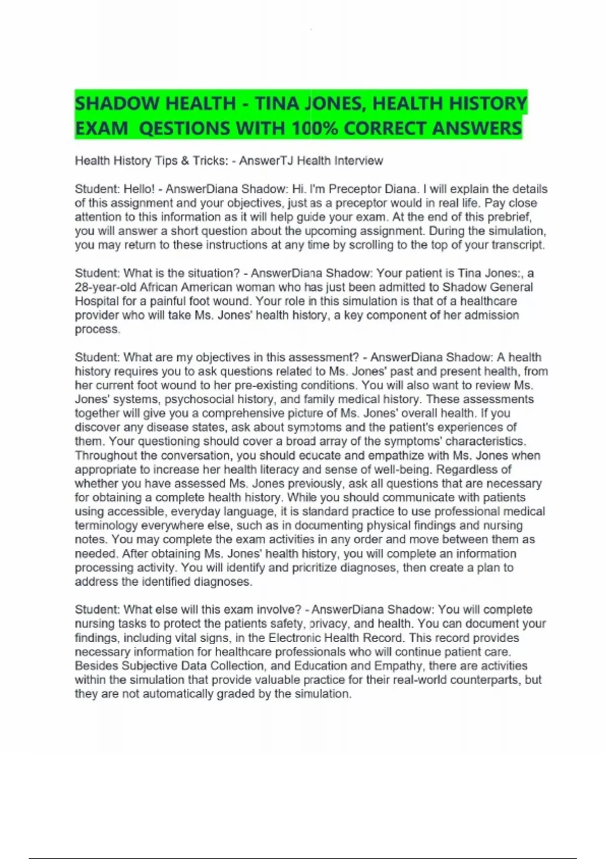 SHADOW HEALTH - TINA JONES, HEALTH HISTORY EXAM QESTIONS WITH 100% CORRECT ANSWERS - Shadow ...