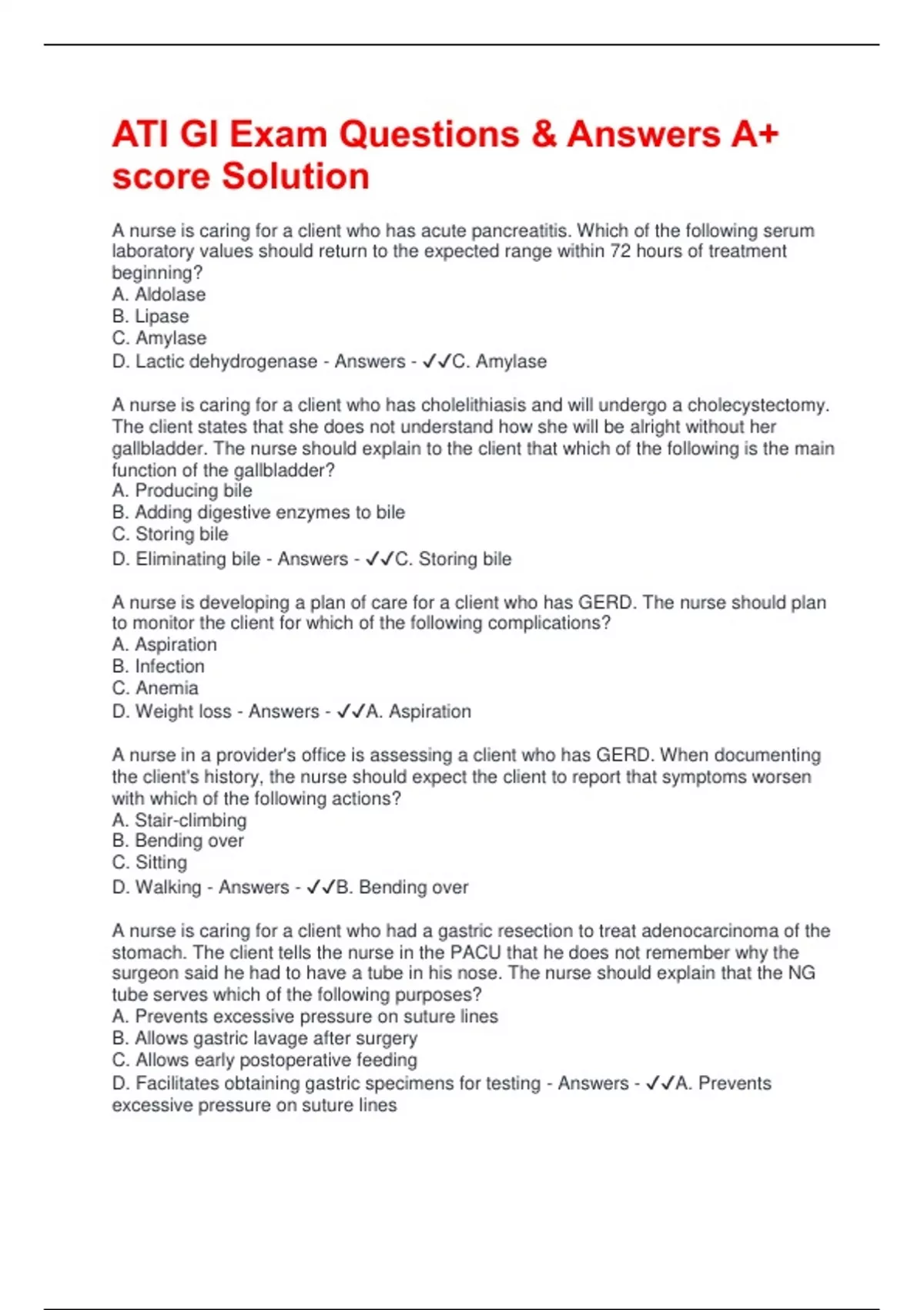 ATI GI Exam Questions & Answers A+ score Solution - ATI GI - Stuvia US